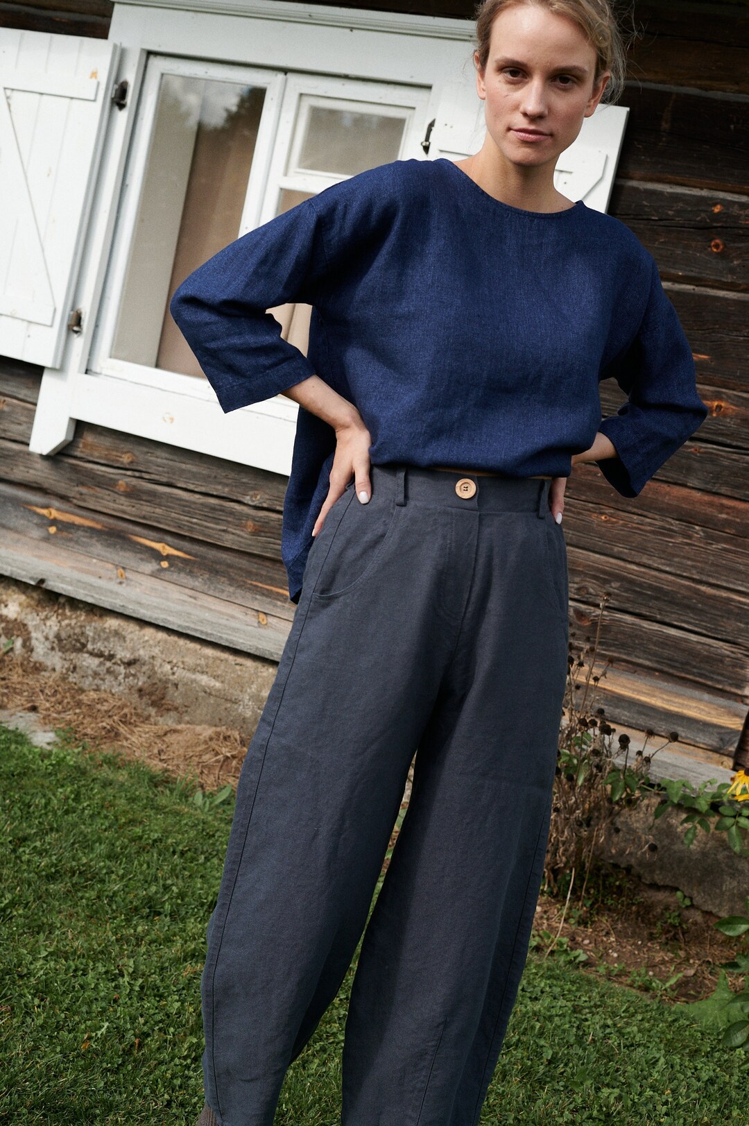 Harper Navy Blue Linen Wool Blend Tunic - Linen Blouse - Wool Blouse ...
