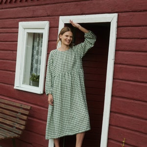 Margo Green Gingham Linen Dress - Linen Dress - Fall Linen Dress - Long ...