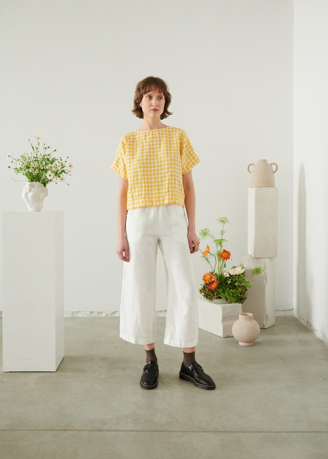 Mona Yellow Gingham Top Basic Linen Top Oversized Linen Top Linen ...