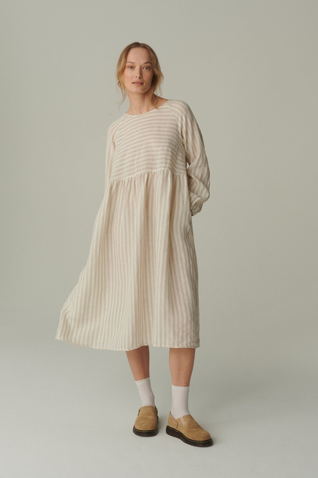 Ready to Ship - Margo Natural Grey Stripes Linen Dress - Linen Dress ...