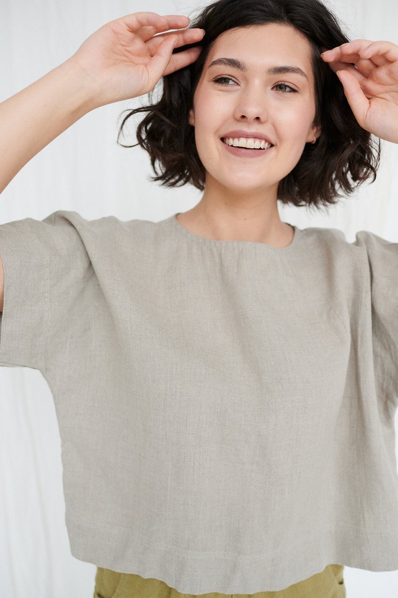 Mona Natural Grey Top - Linen Top - Oversized Linen Top - Linen Blouse ...