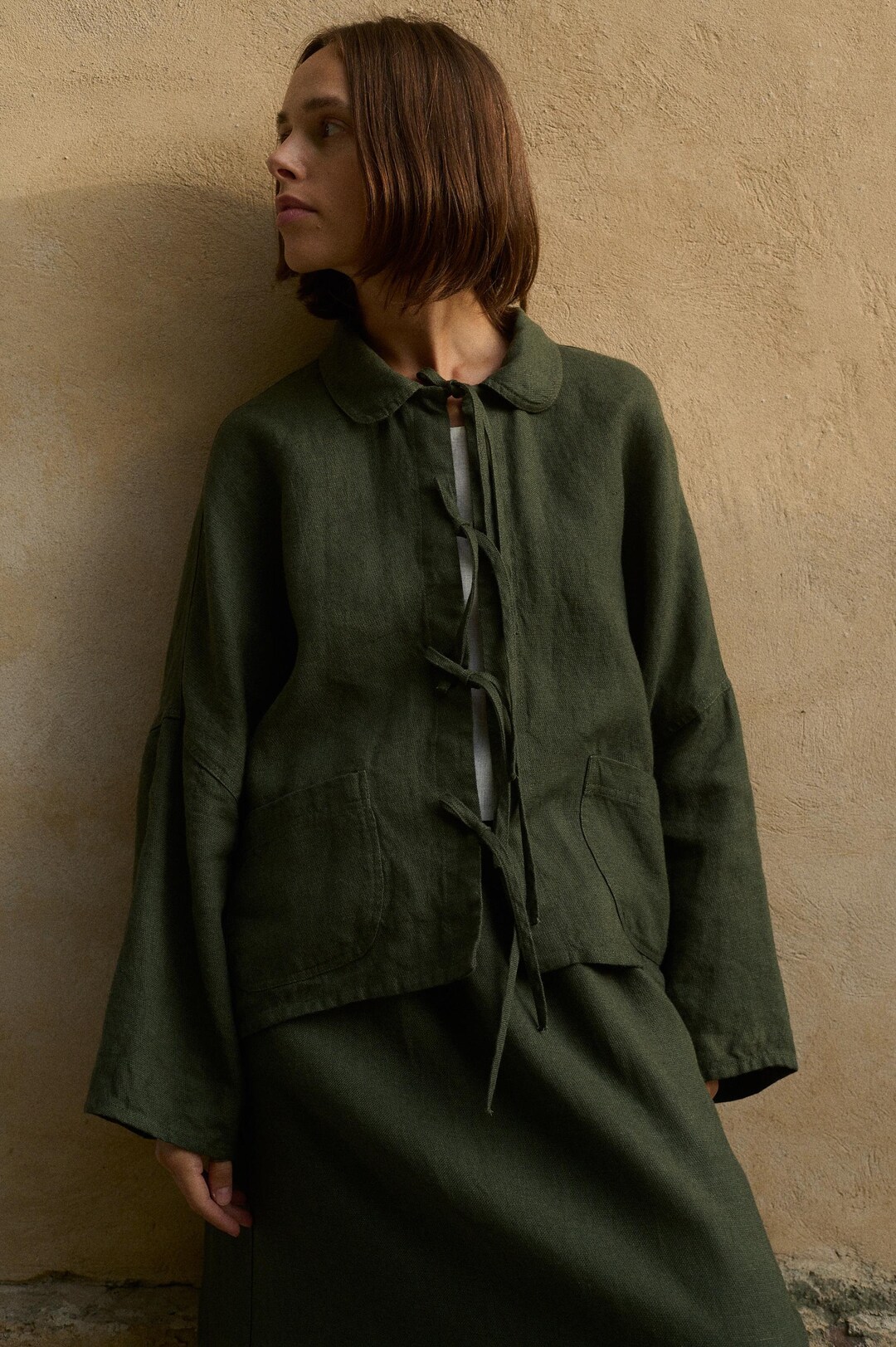 Ready to Ship - Monika Green Linen Wool Jacket - Utility Jacket - Work ...