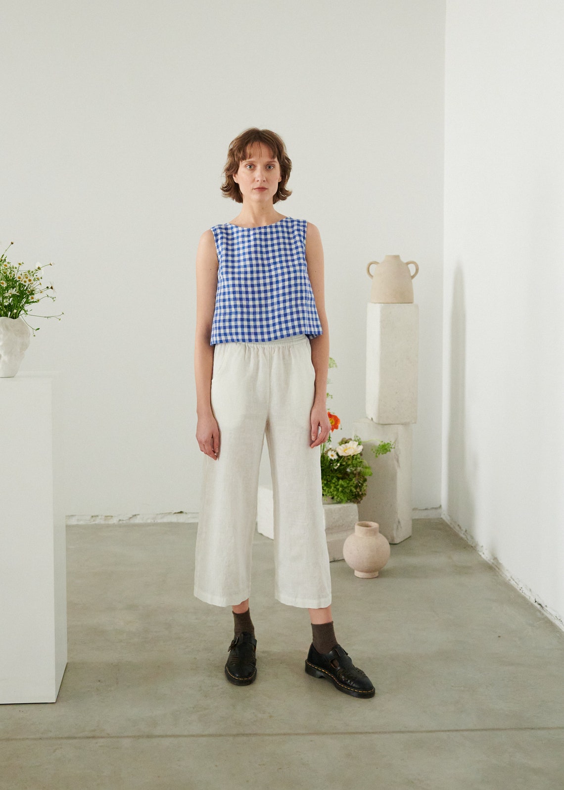 Crop Blue Gingham Top - Basic Linen Top - Linen Tank Top - Linen Blouse ...