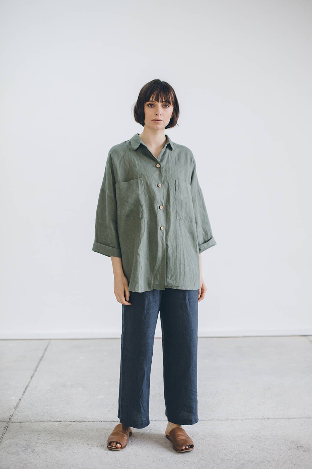 Kay Pine Green Shirt Linen Shirt Drop Shoulder Shirt - Etsy