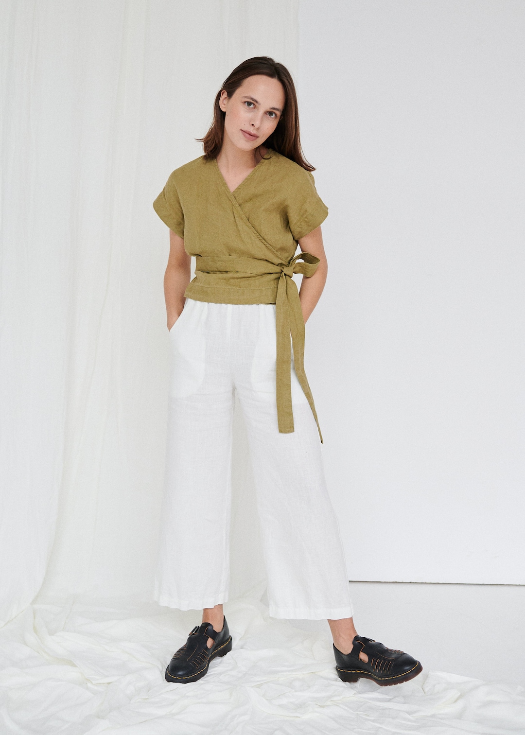 Bonni Olive Top - Wrap Linen Top - Linen Top - Wrap Top - Linen Shirt ...