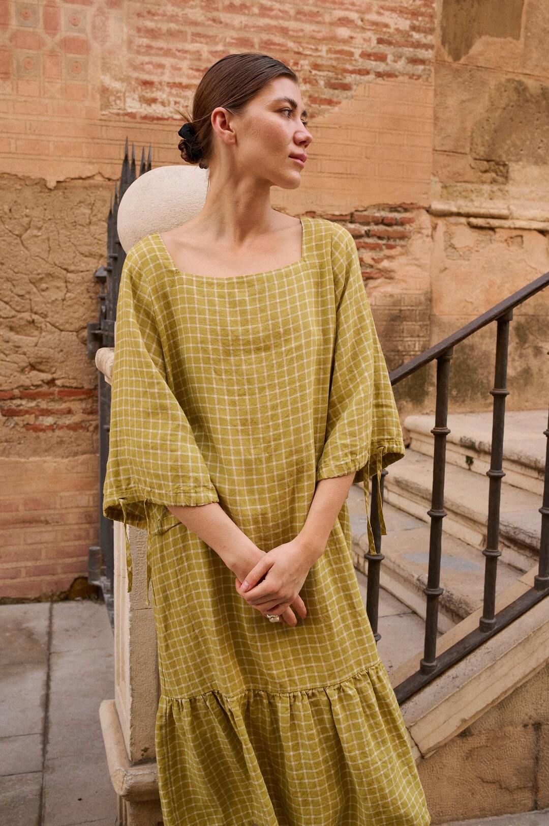 Ready to Ship - Vilte Pickle Checks Linen Dress - Linen Dress - Ruffled ...