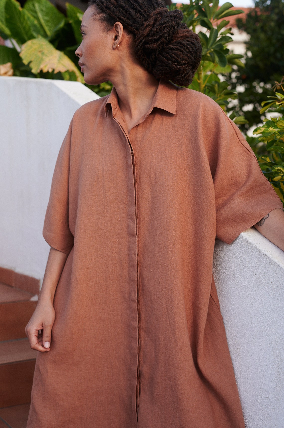 Annika Mocha Mousse Linen Dress - Oversized Dress - Snap Button Linen ...