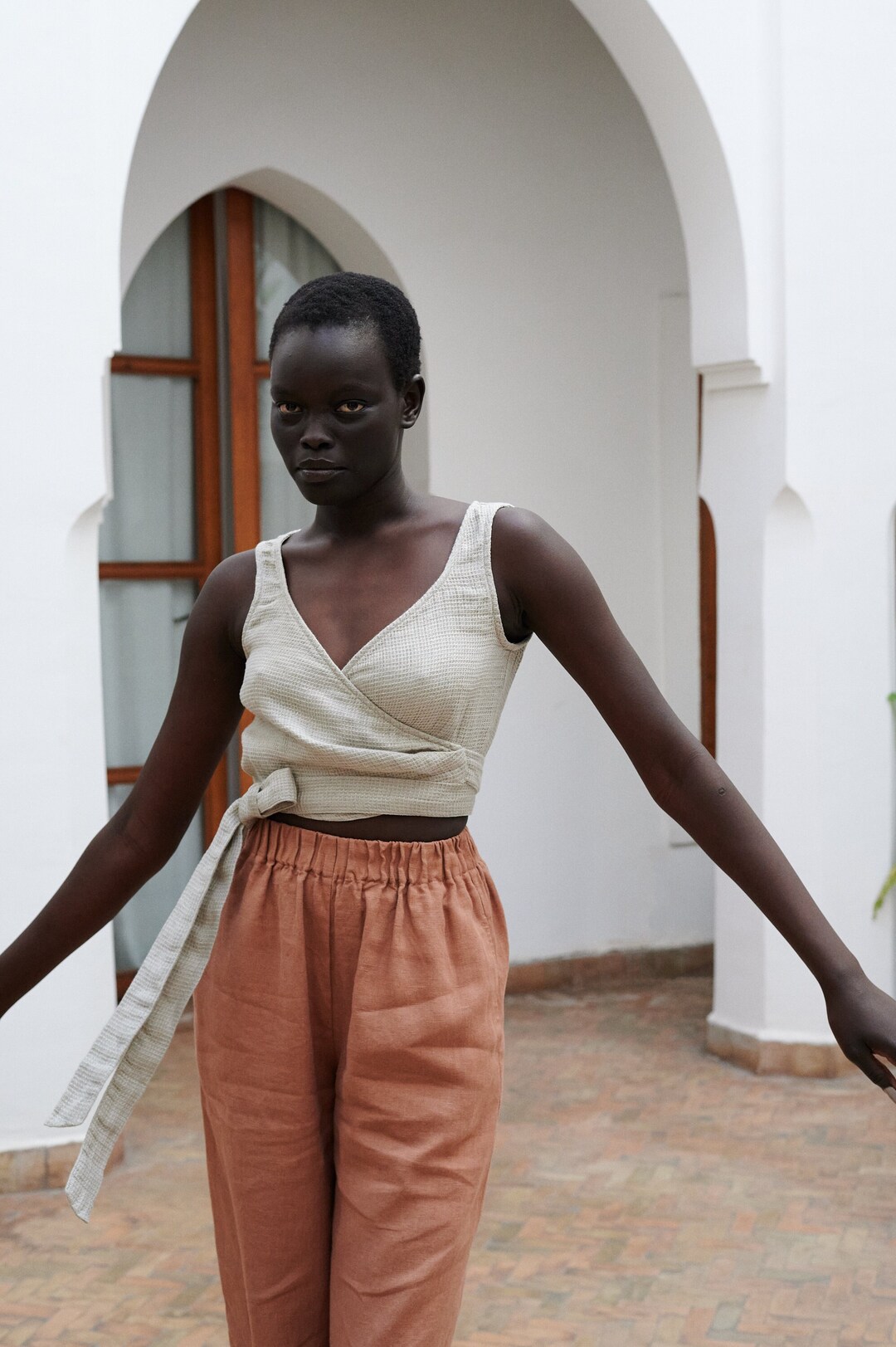 Ready to Ship - Soja Natural Grey Waffle Top - Wrap Linen Top - Linen ...