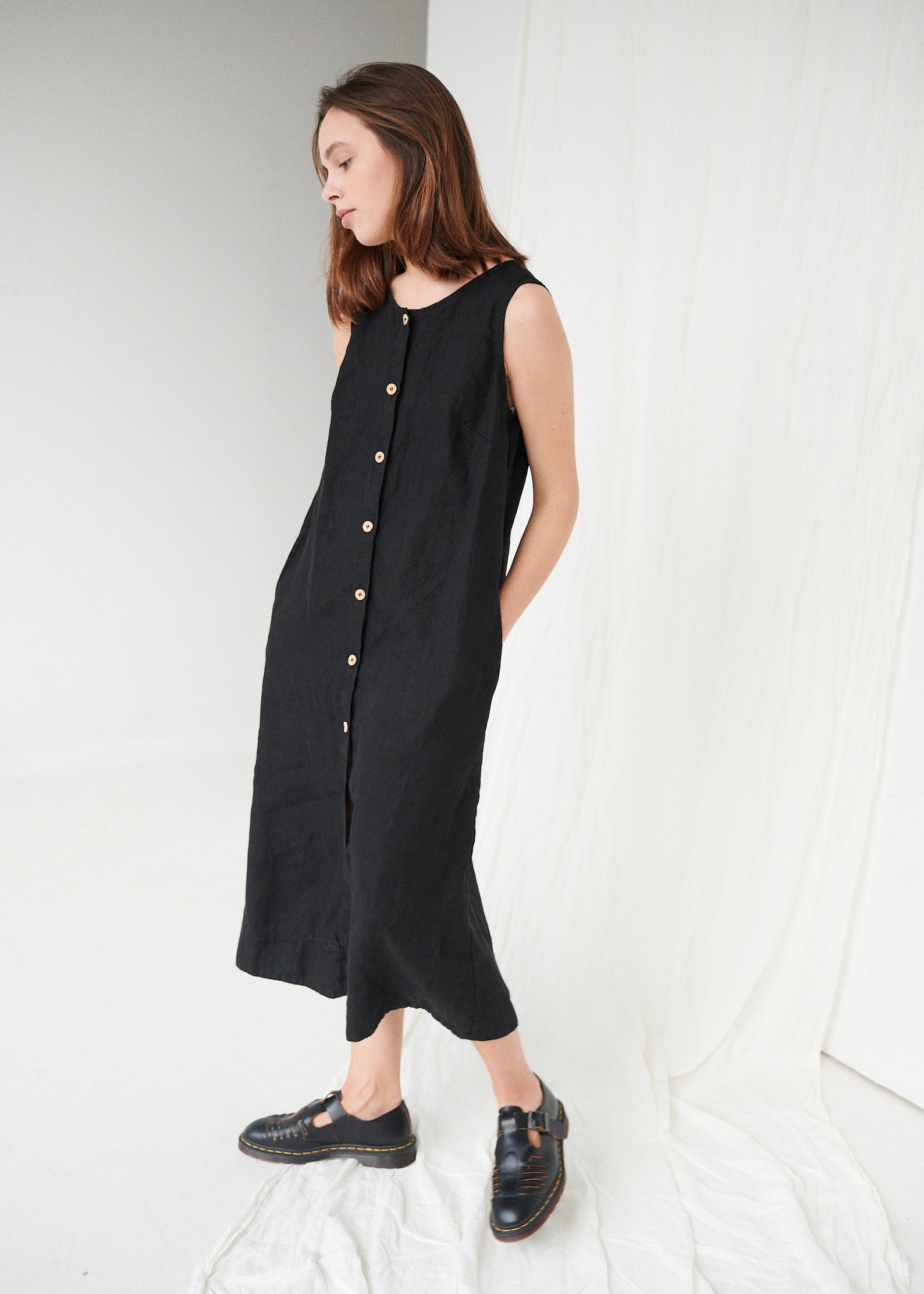 Robin Black Dress Button Down Dress Long Linen Dress - Etsy