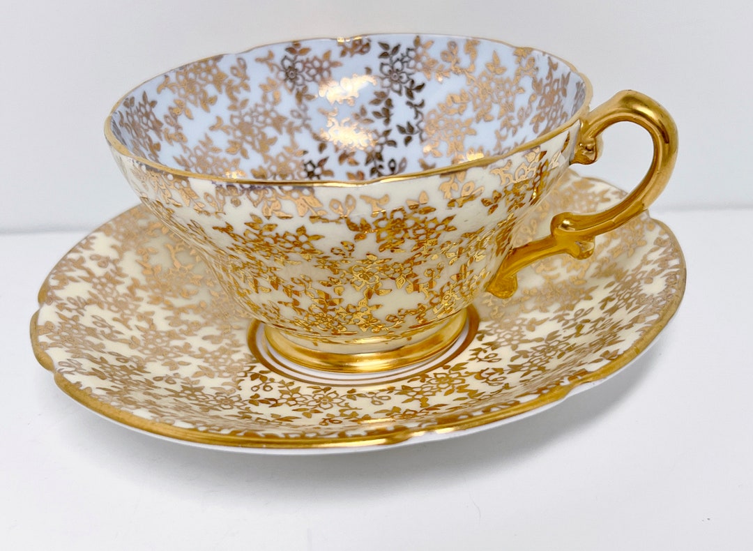 Stanley Tea Cup and Saucer, Gold Tea Cup, Yellow Blue Gold Teacup ...
