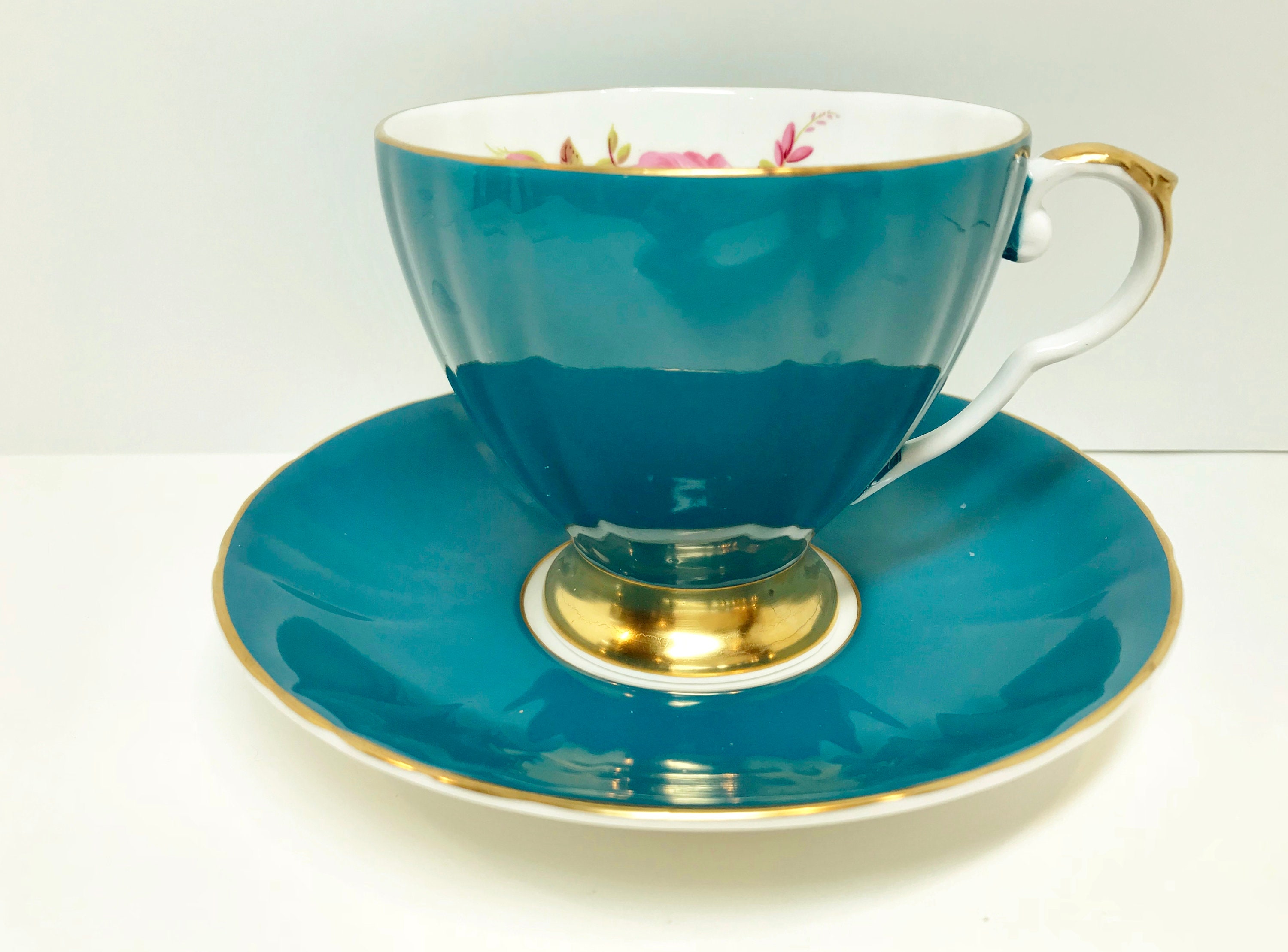 Royal Grafton Tea Cup and Saucer, Teal Tea Cups, English Floral Tea ...