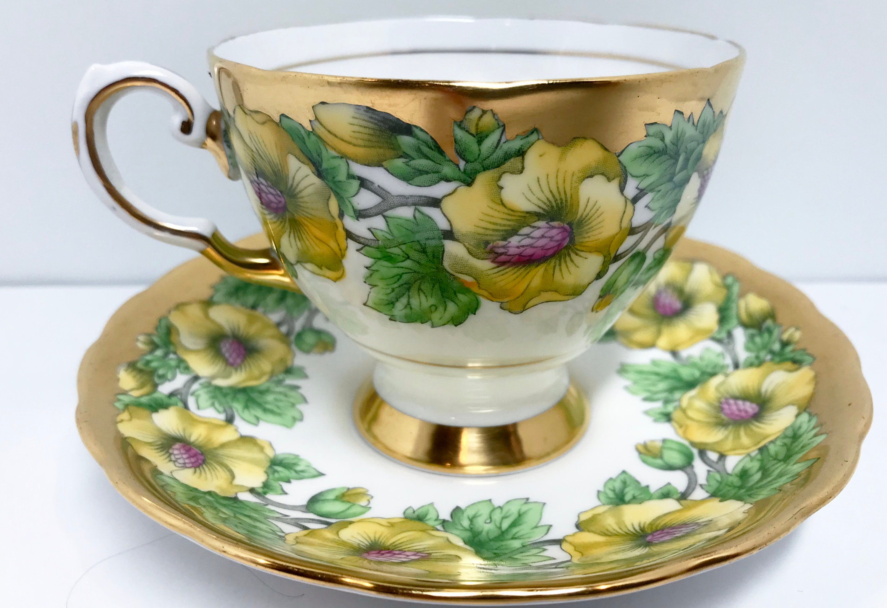 Tuscan Teacup and Saucer, Hand Painted Teacups, Floral Gold Tea Cups ...