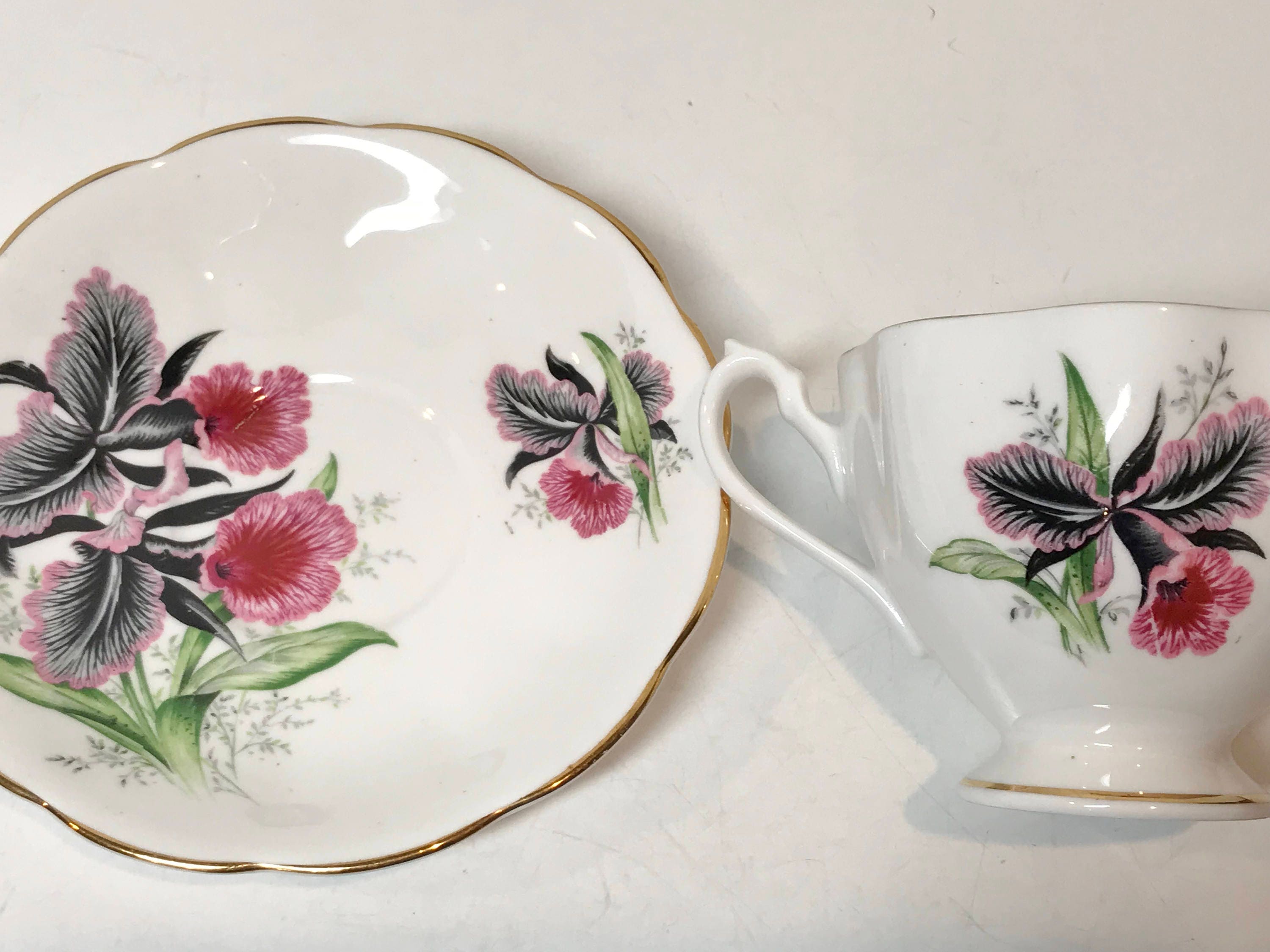 Queen Anne Tea Cup and Saucer, Orchid Cups, Floral Tea Cups, English ...