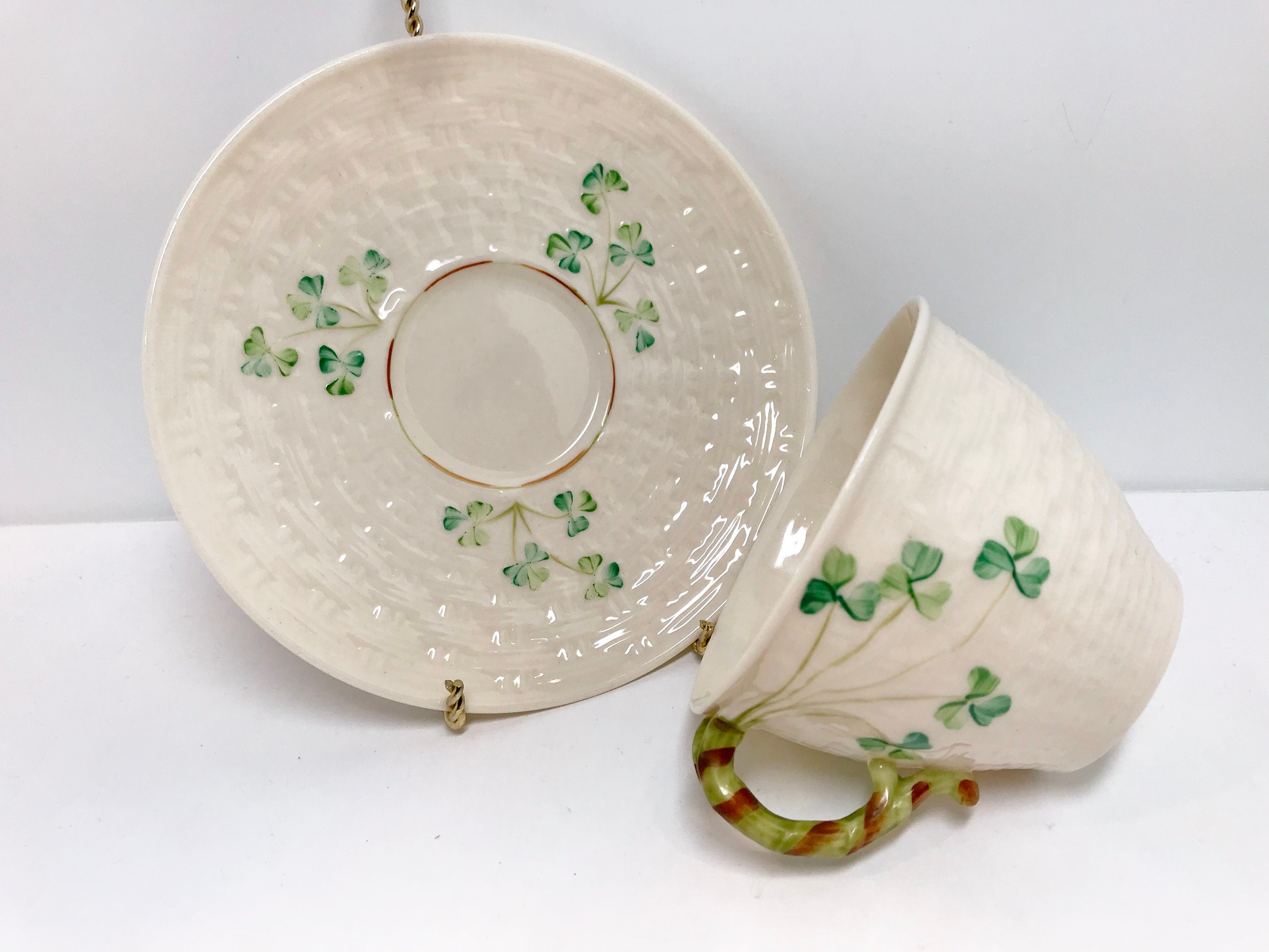 Shamrock Belleek Teacup and Saucer, Irish Tea Cup, Basket Weave Belleek ...