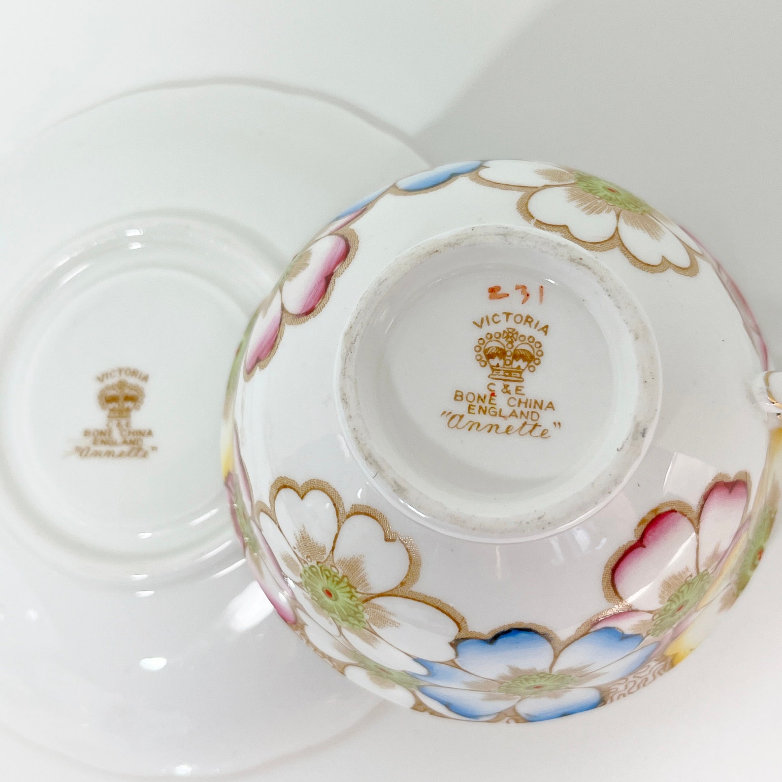 Antique Victoria Bone China Teacup and Saucer: Annette Floral Pattern ...