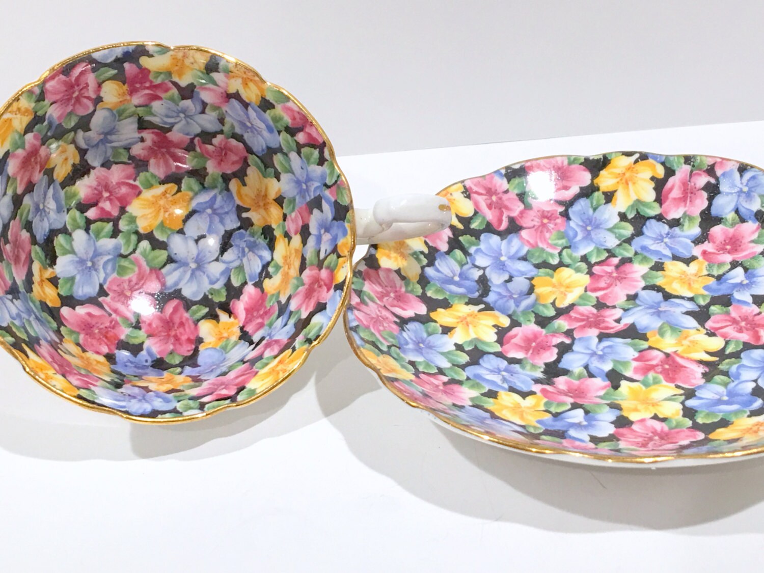 Garden Chintz Tea Cup and Saucer, Black Chintz Radfords Bone China ...