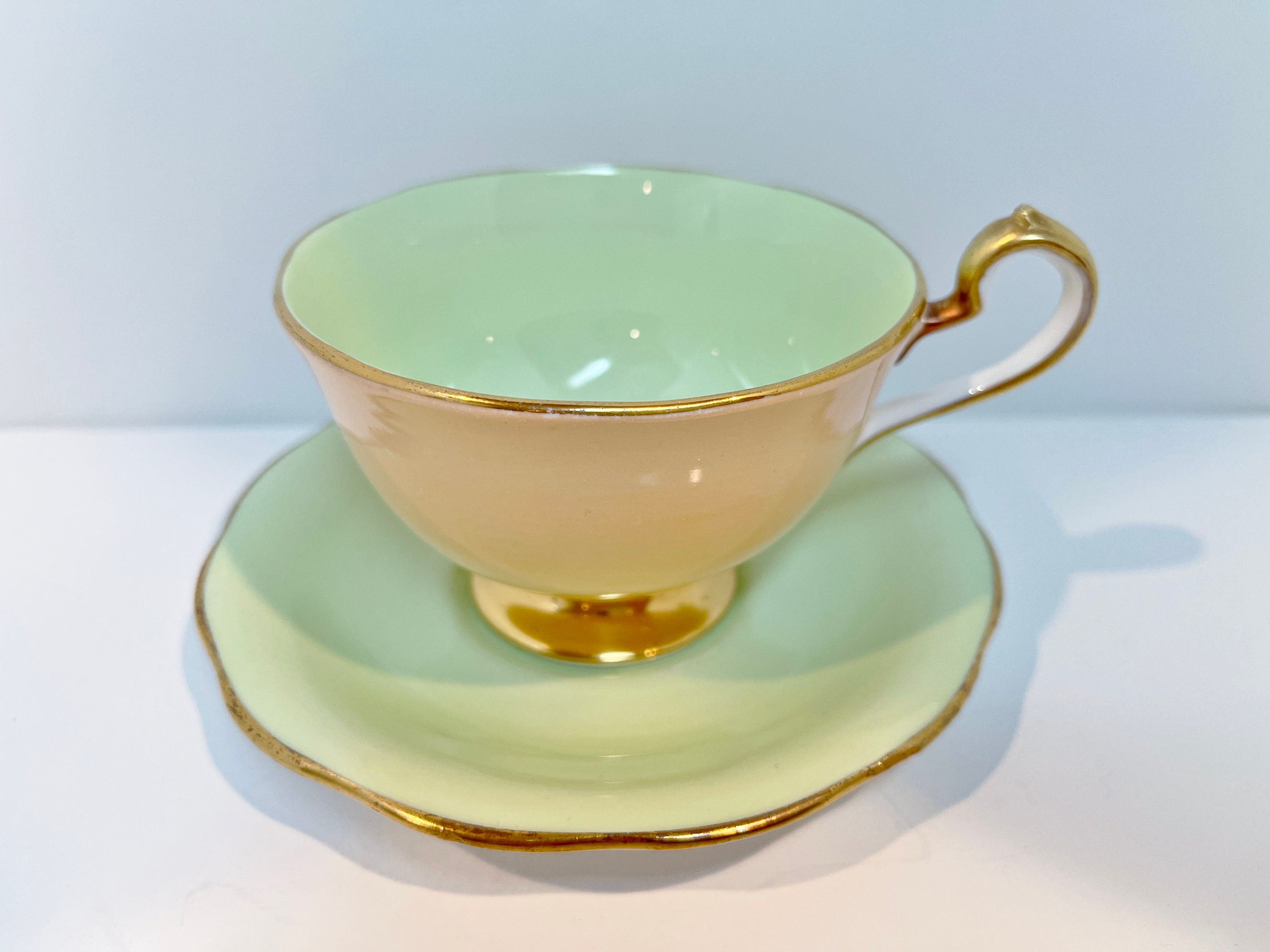 Queen Anne Tea Cup and Saucer, Pale Lime Peach Teacup, Vintage Teacups ...