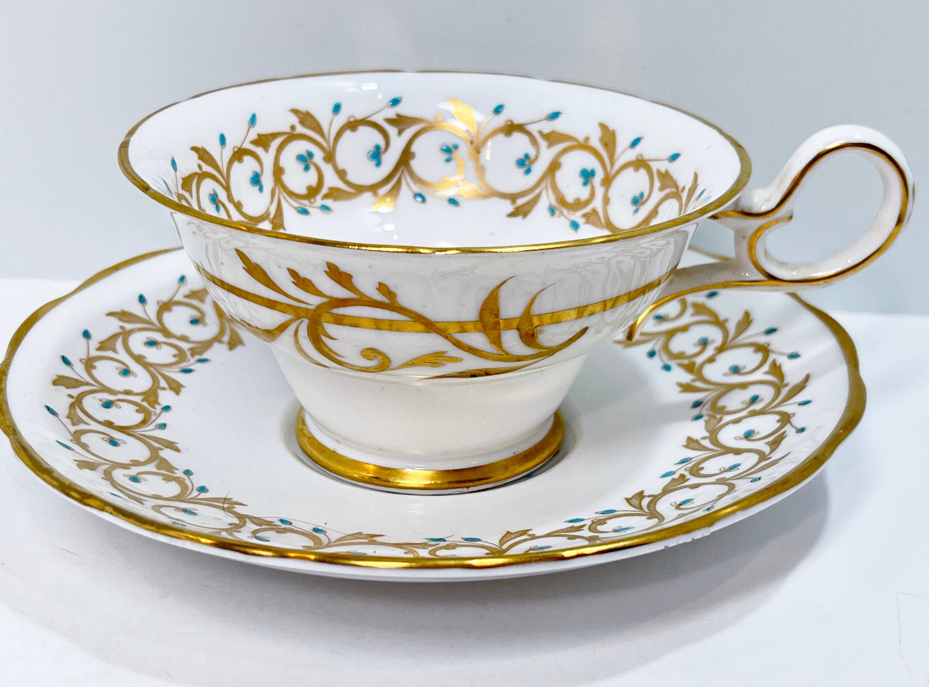Grosvenor Teacup and Saucer, English Tea Cups, Aqua Gold Teacups ...
