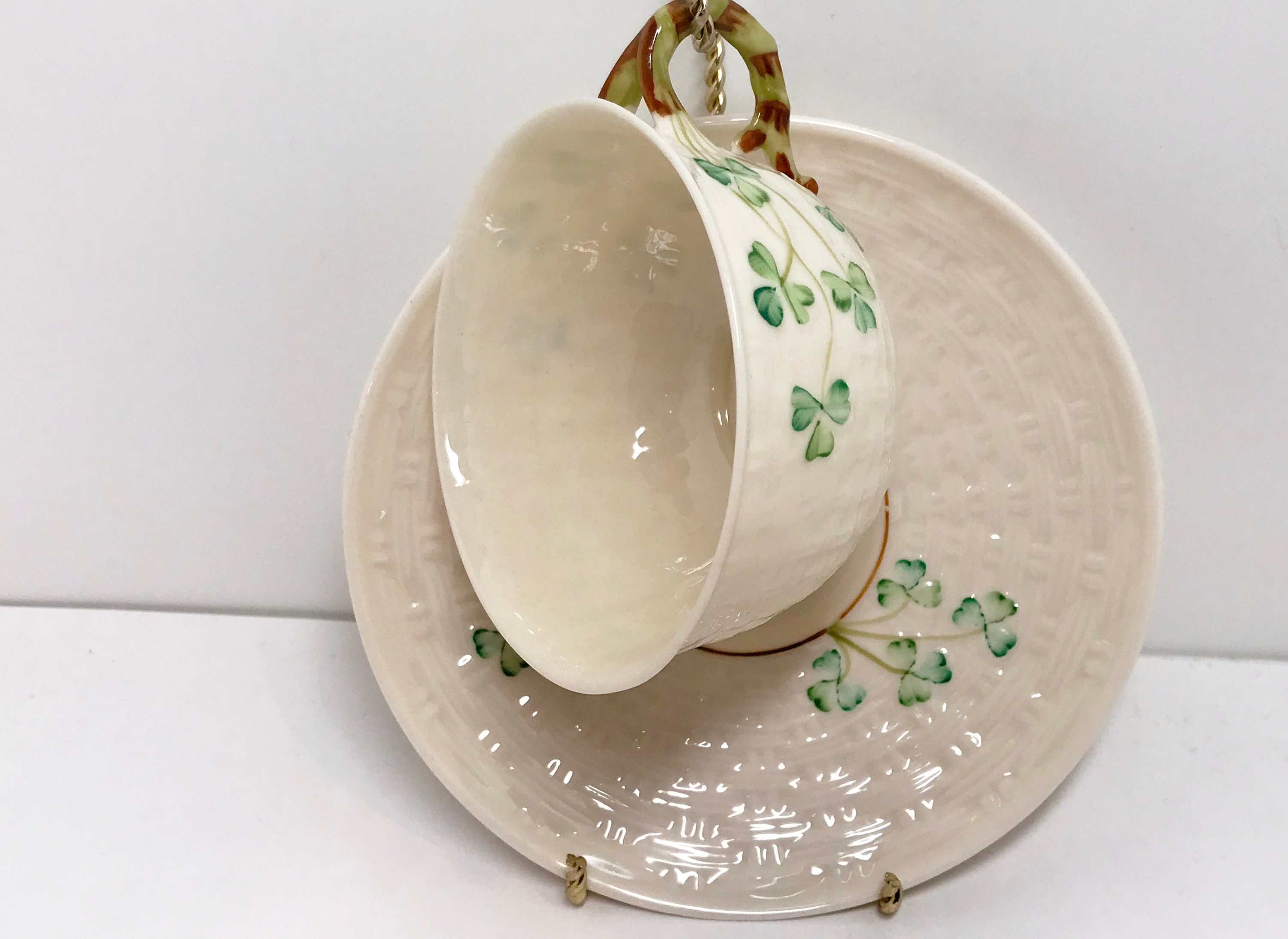Shamrock Belleek Teacup and Saucer, Irish Tea Cup, Basket Weave Belleek ...
