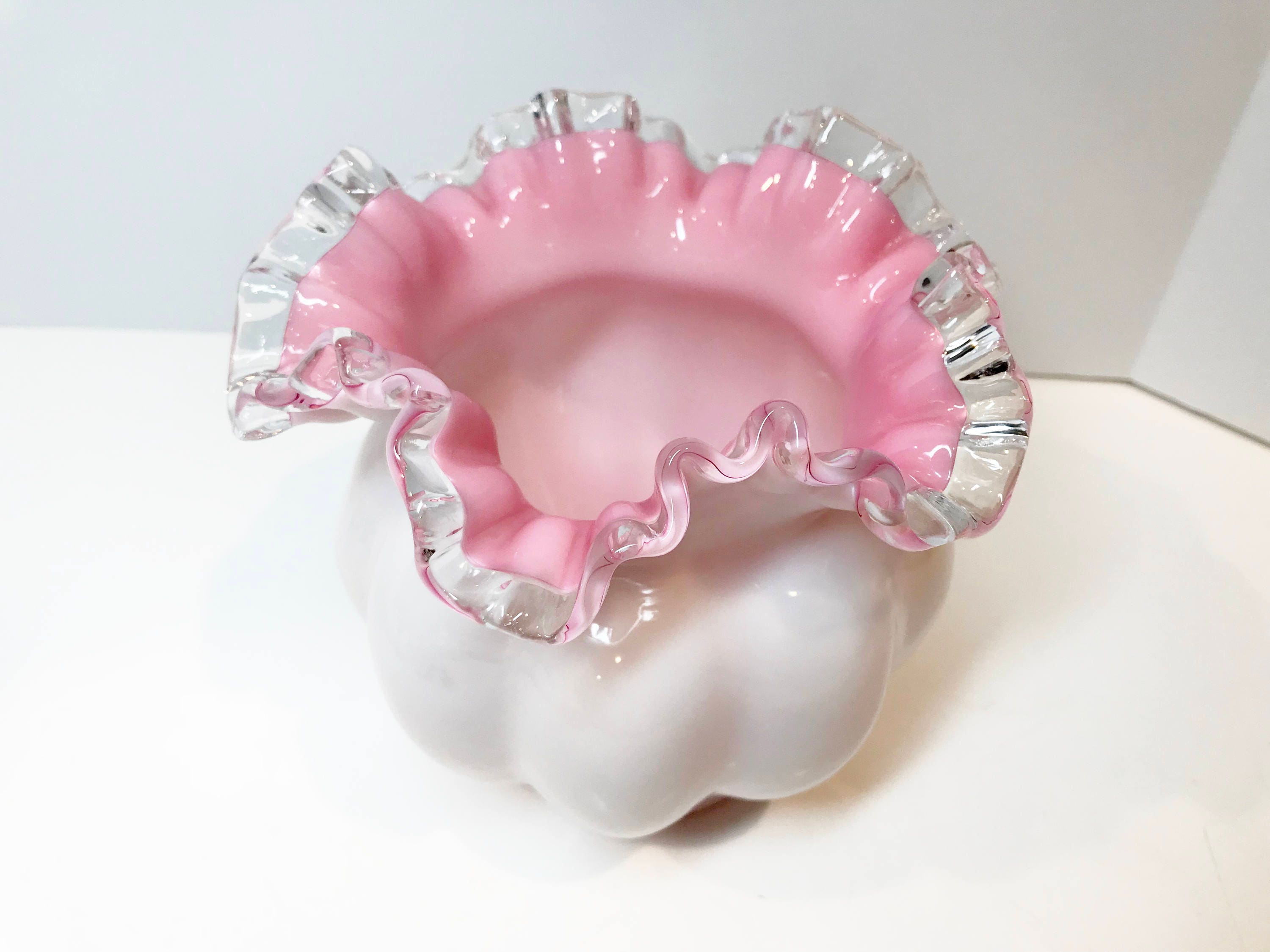 Vintage Fenton Pink and White Ruffled Edged Milk Glass Rose Bowl, Mid ...