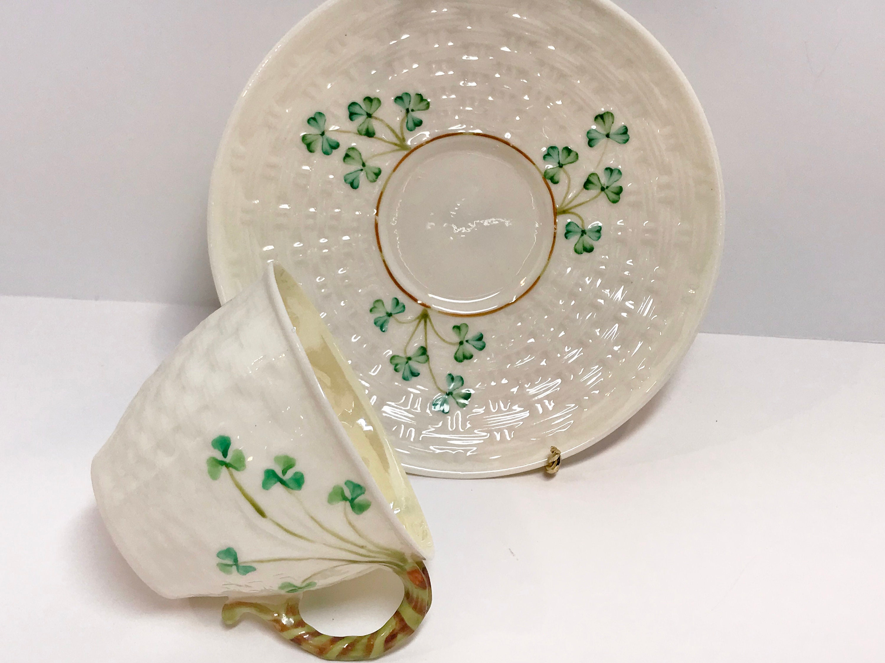 Shamrock Belleek Tea Cup and Saucer, Irish Tea Cup, Basket Weave ...