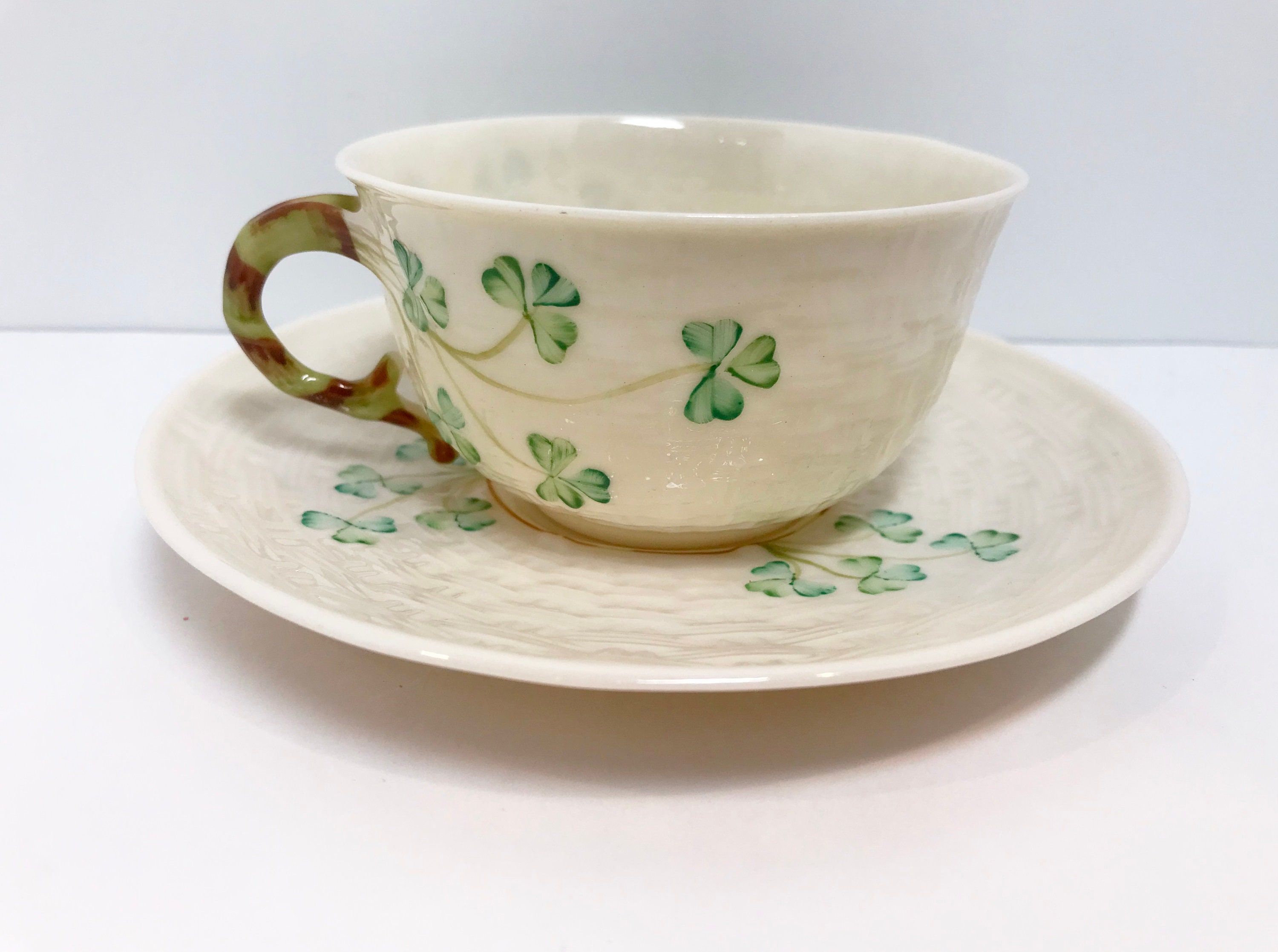 Shamrock Belleek Teacup and Saucer, Irish Tea Cup, Basket Weave Belleek ...