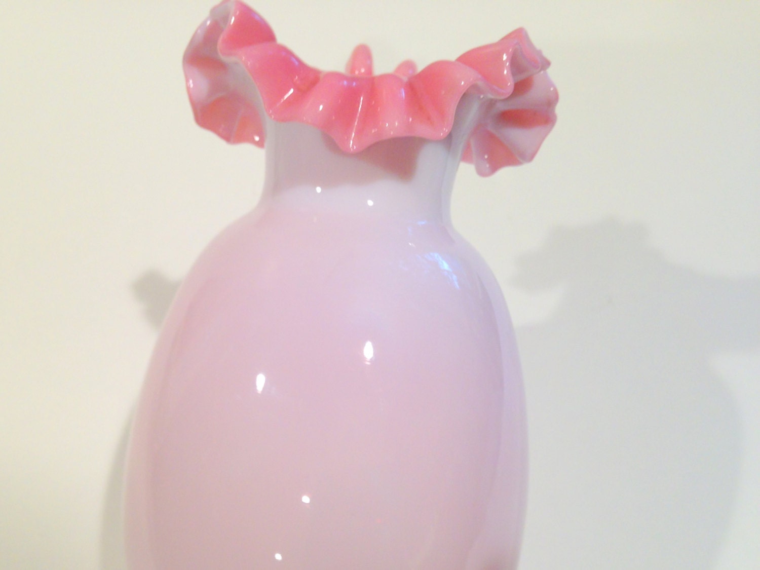 Victorian Cased Glass, Blown Glass, Ruffled Top Vase, Pink White Glass ...