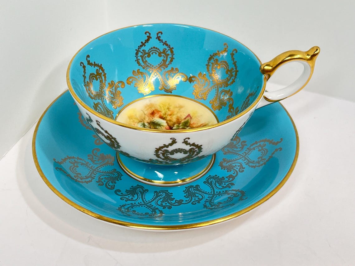 Aynsley Orchard Fruit Teacup: Aqua Bone China, Gold Trim - Etsy