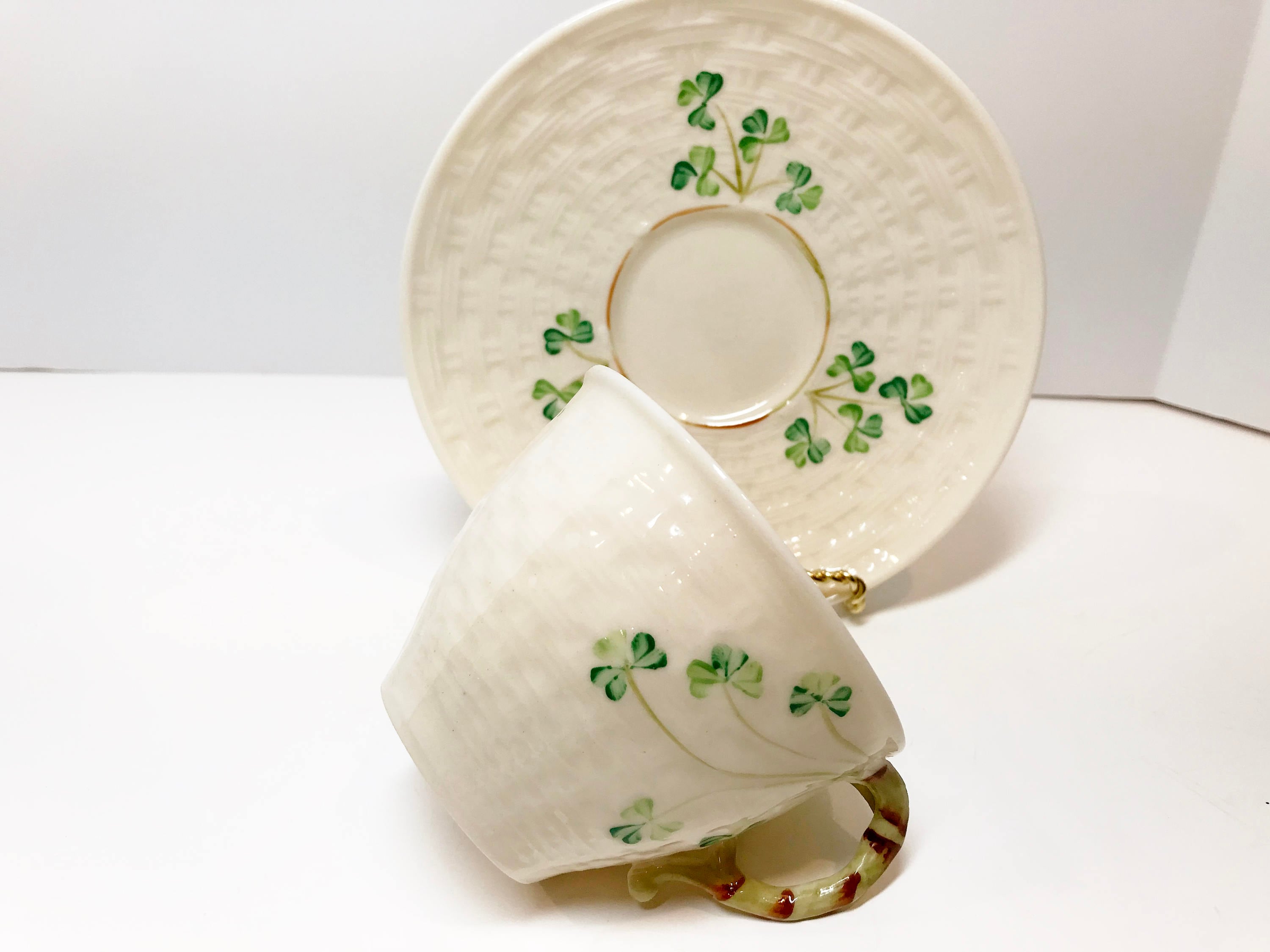 Belleek Tea Cup and Saucer and Plate, Belleek Shamrock Ware, Belleek ...