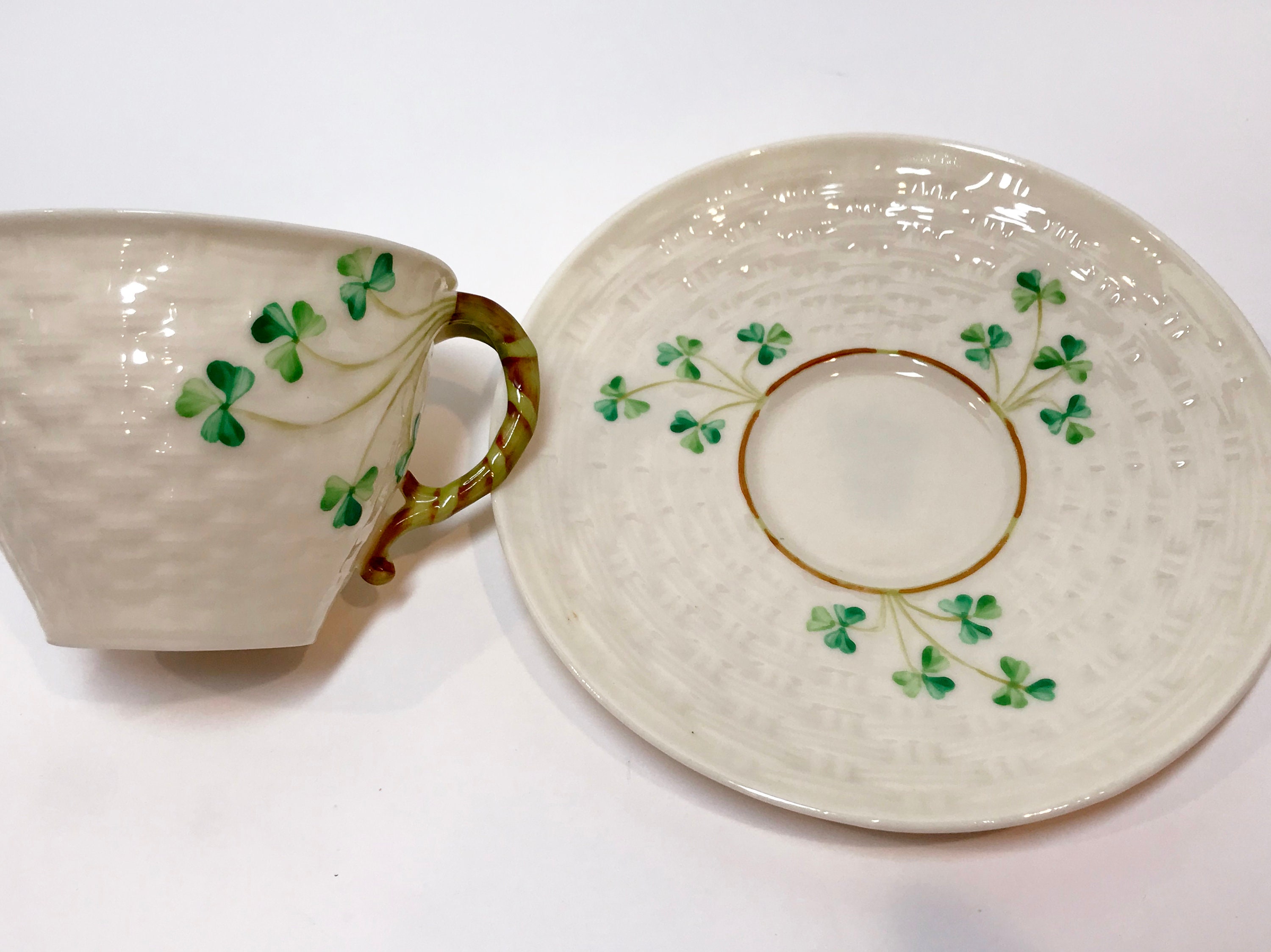 Shamrock Belleek Tea Cup and Saucer, Irish Tea Cup, Basket Weave ...