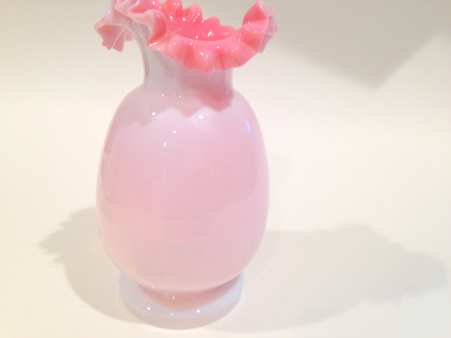 Victorian Cased Glass, Blown Glass, Ruffled Top Vase, Pink White Glass ...