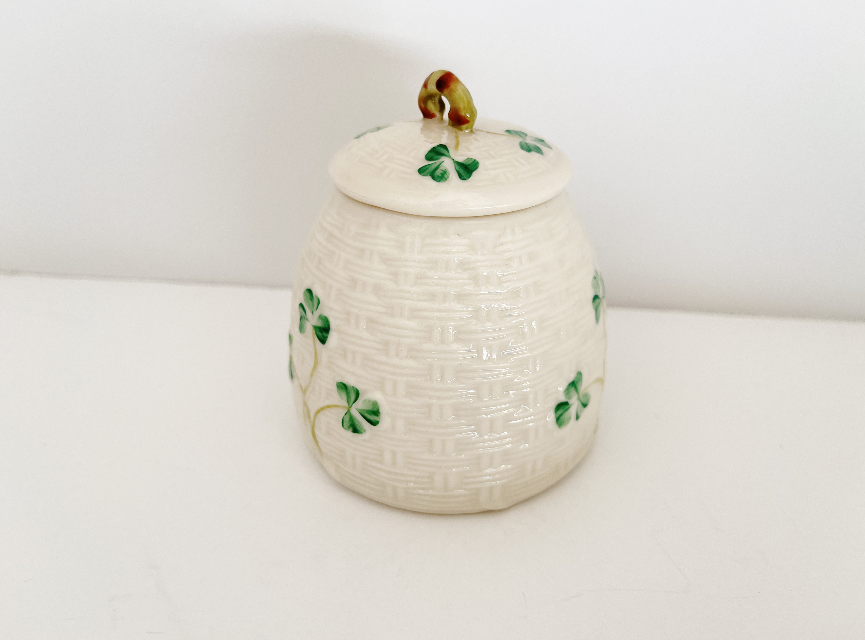 Belleek Jar, Shamrock Jar, Belleek Basketweave, Shamrock Container ...