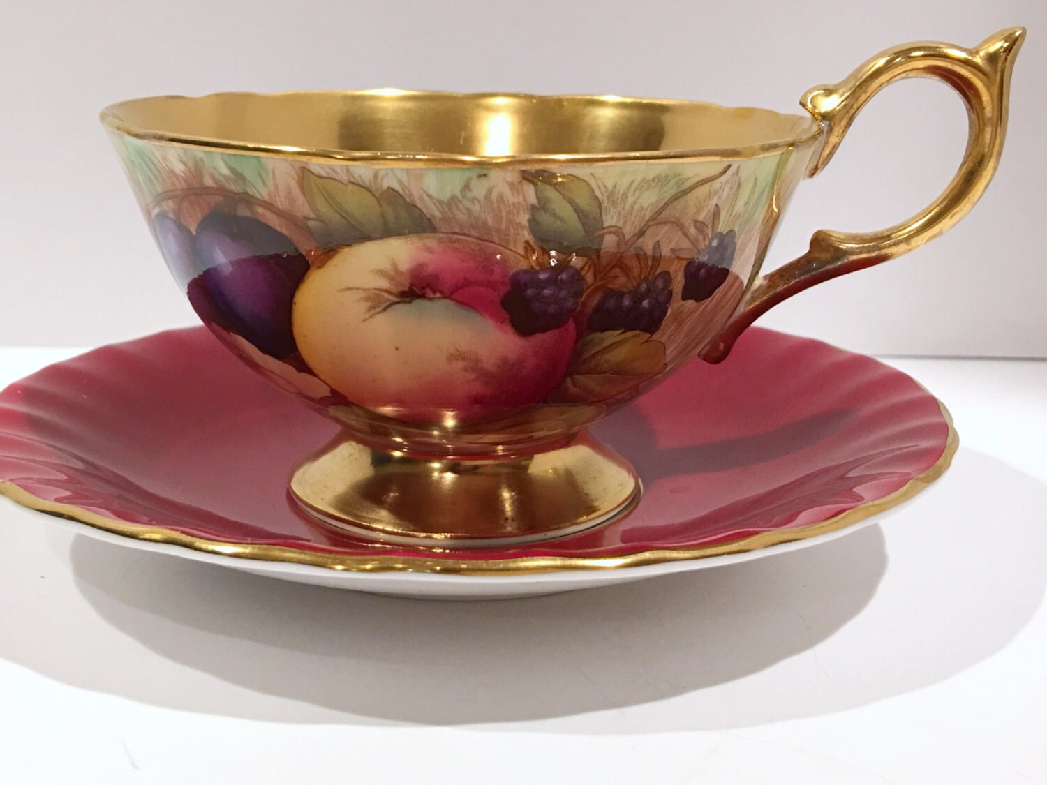 Reserved for D, Rich Red Aynsley Tea Cup and Saucer, Signed Oban Tea ...