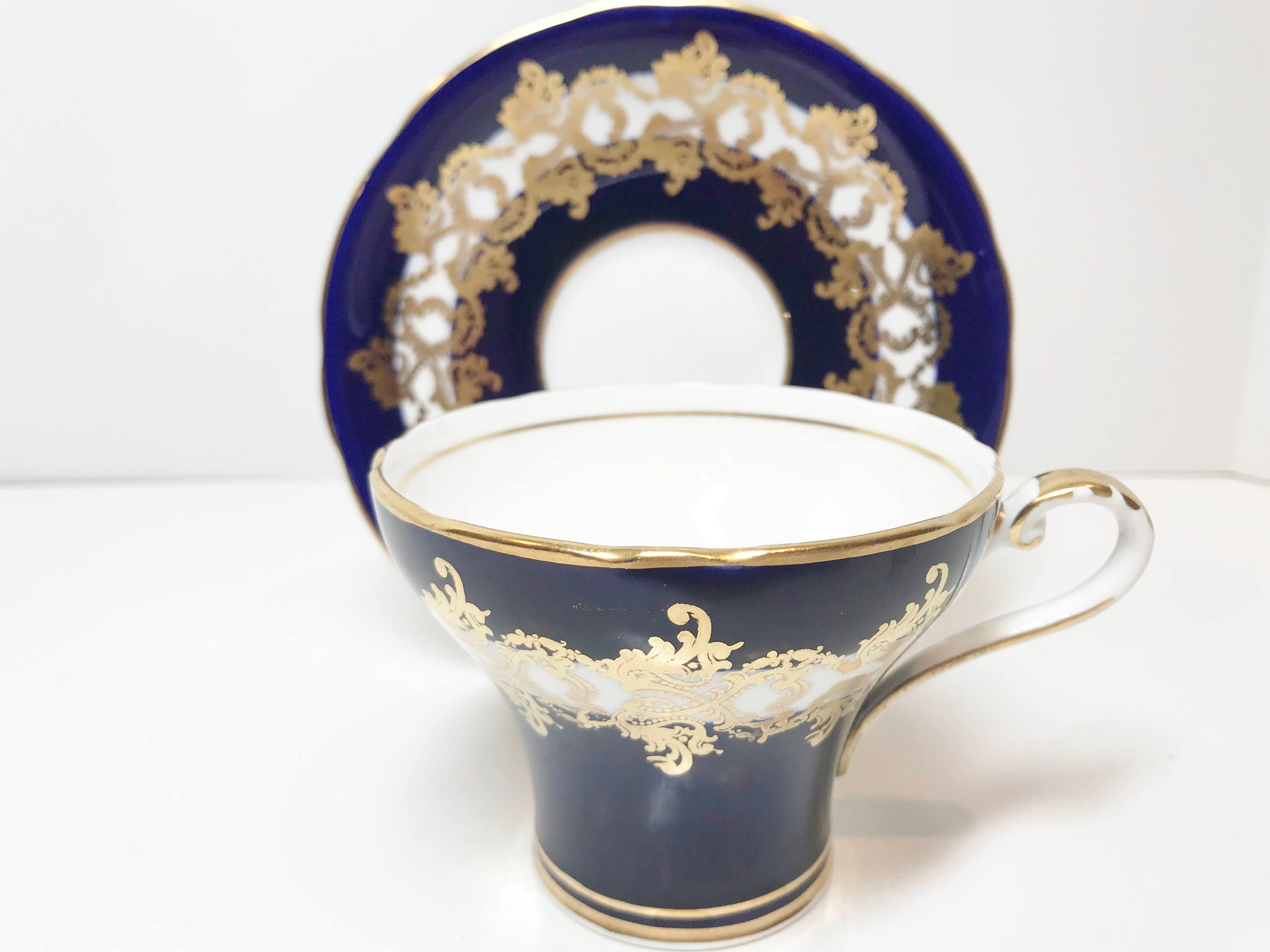 Navy Blue Aynsley Tea Cup and Saucer, English Bone China Teacups, Tea ...