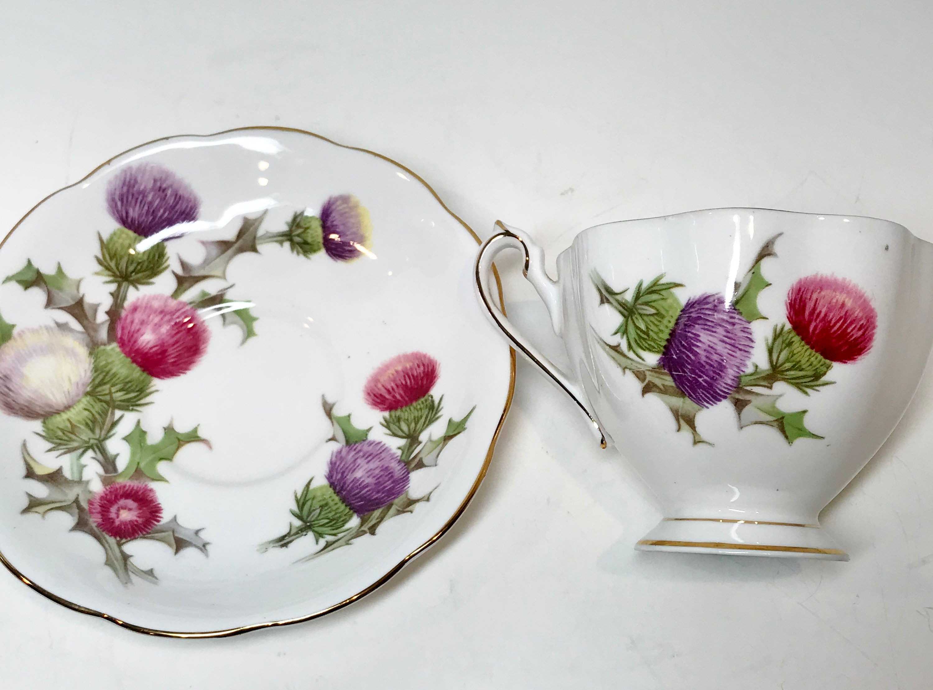 Dundee Thistle Tea Cup and Saucer, Queen Anne Teacup, Scottish Teacups ...