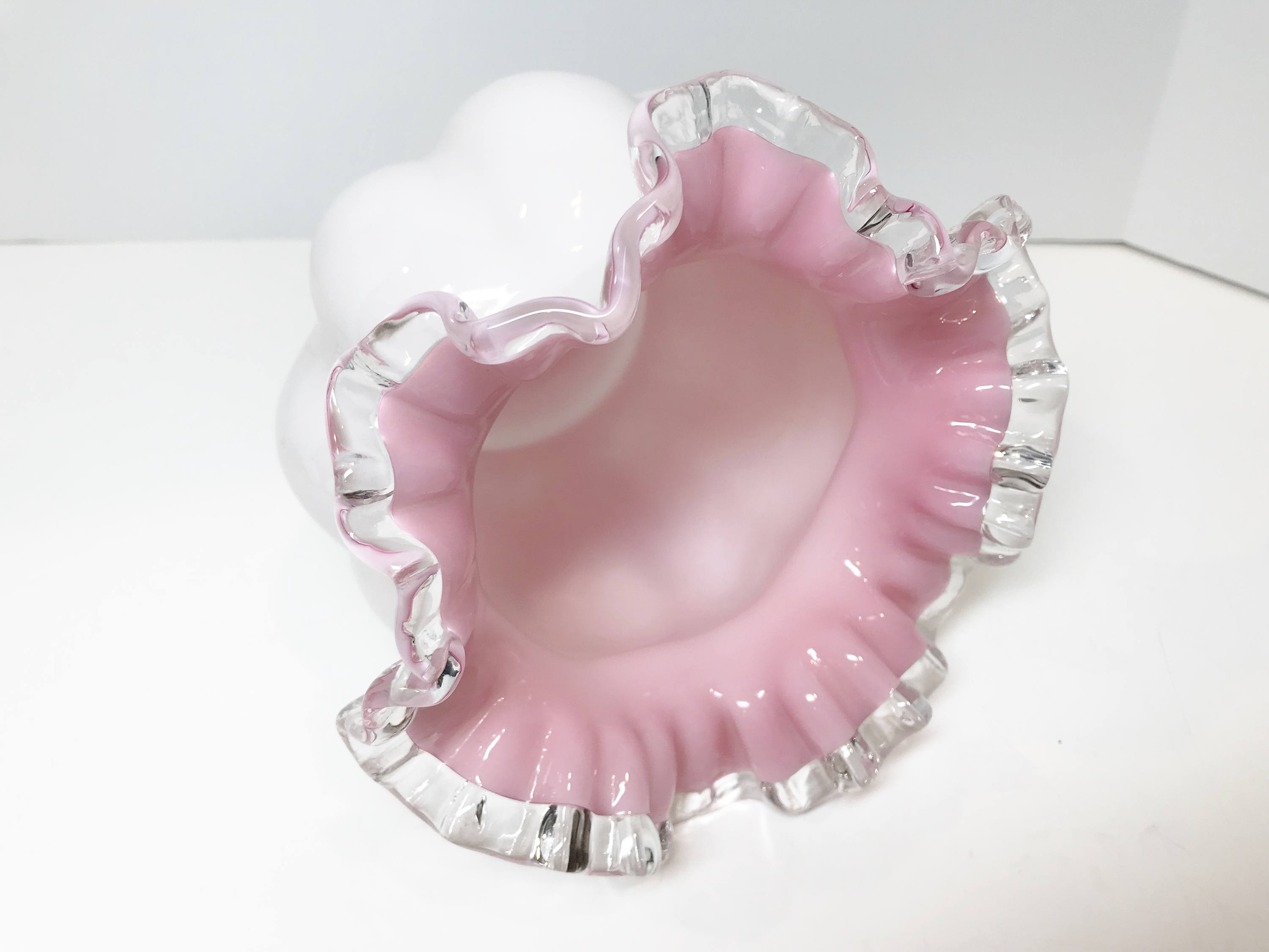 Vintage Fenton Pink and White Ruffled Edged Milk Glass Rose Bowl, Mid ...