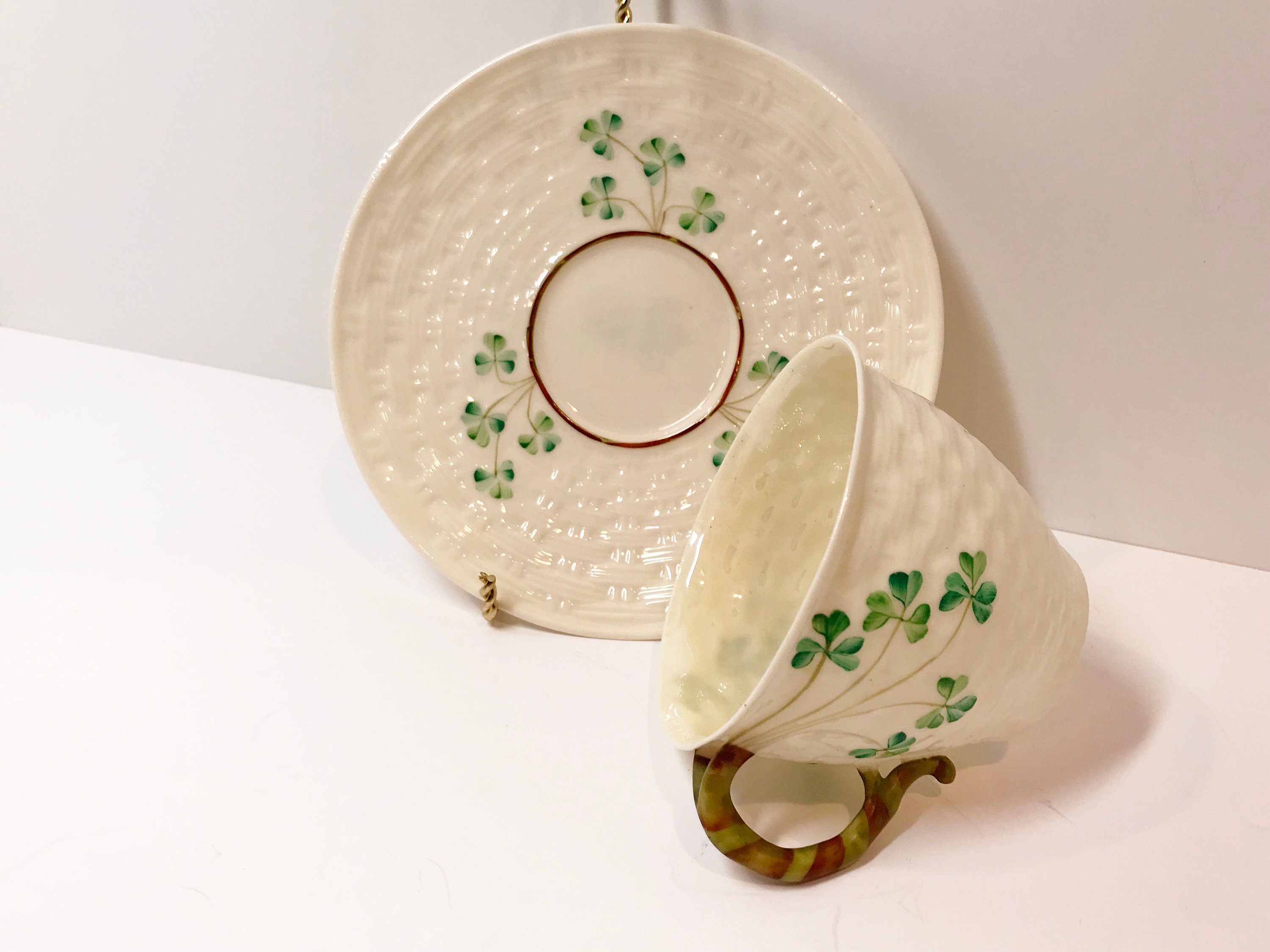 Shamrock Belleek Tea Cup and Saucer, Irish Tea Cup, Basket Weave ...