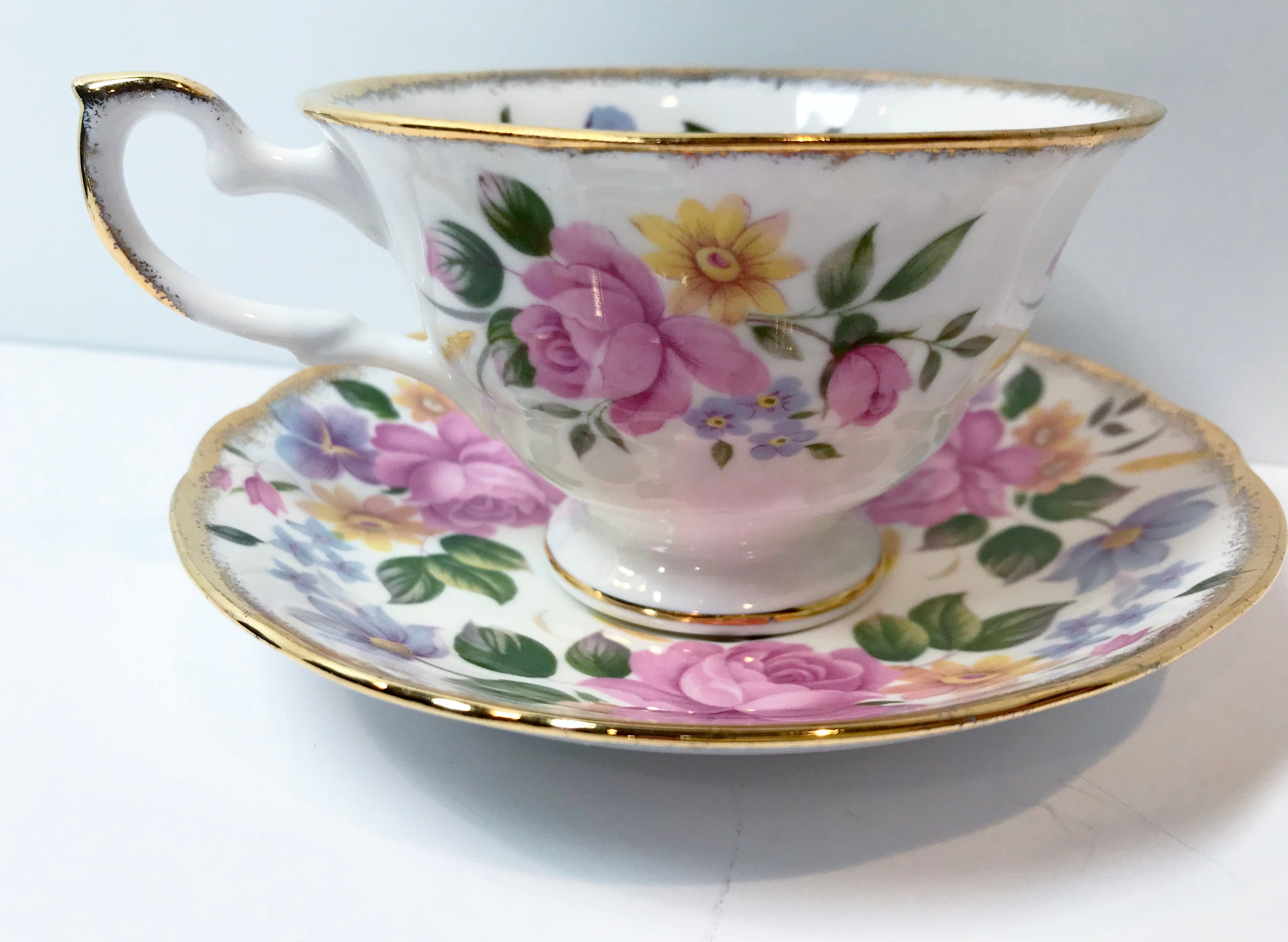 Crown Tea Cup and Saucer, English Bone China Cups, Floral Teacups ...