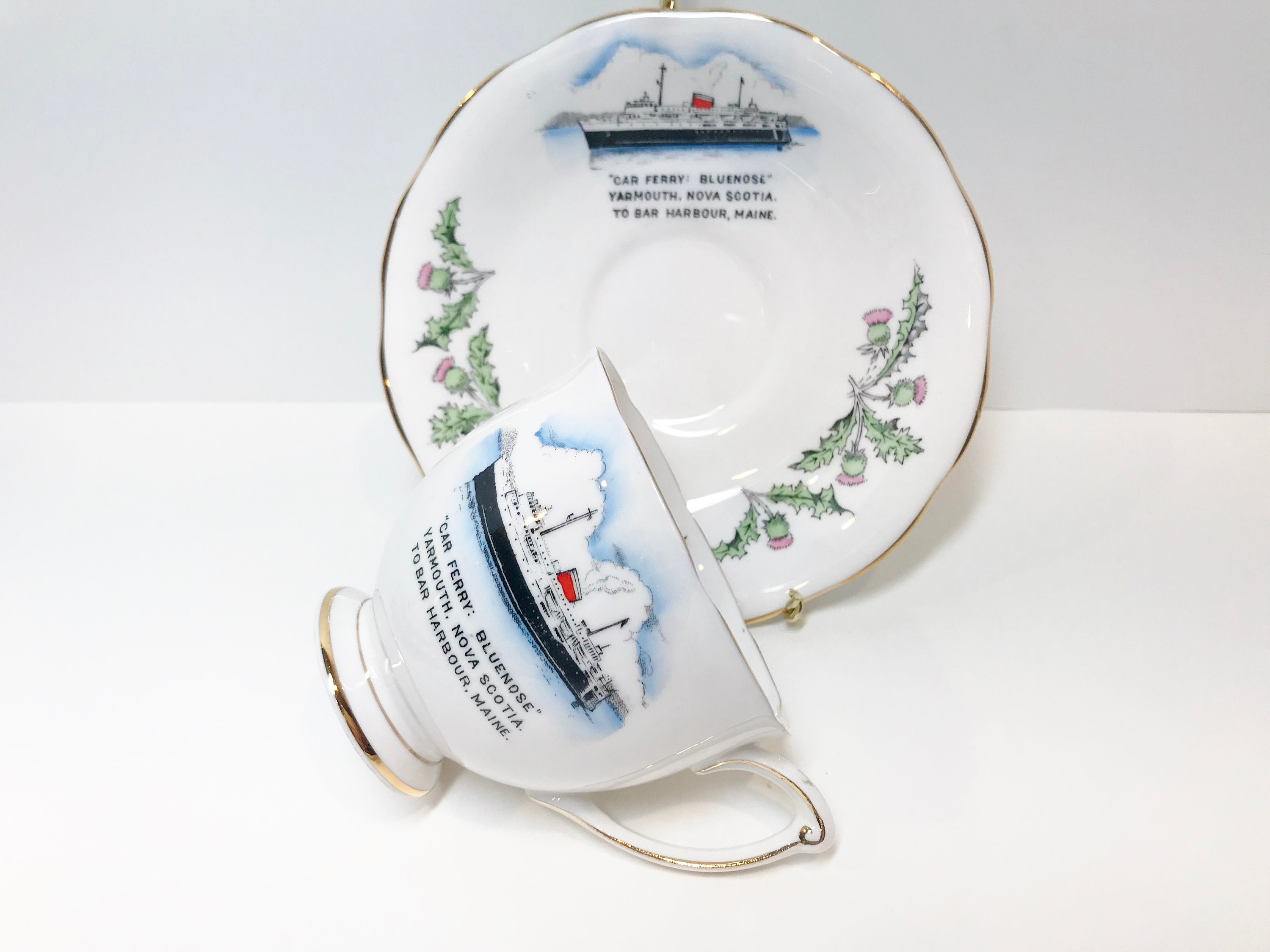 Nova Scotia Tea Cup and Saucer, Bluenose Ferry Cup, Bar Harbour Maine ...