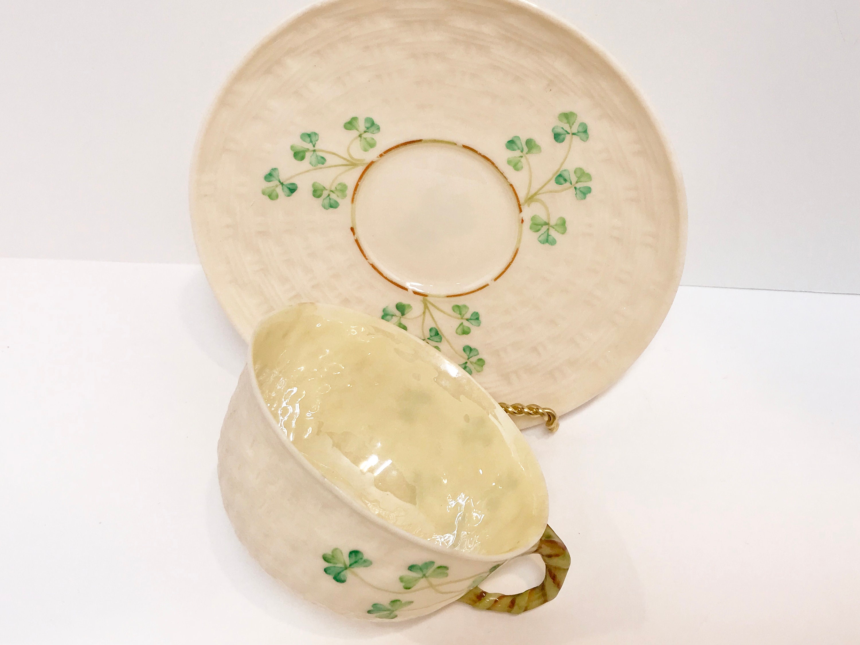 Shamrock Belleek Tea Cup and Saucer, Irish Tea Cup, Basket Weave ...
