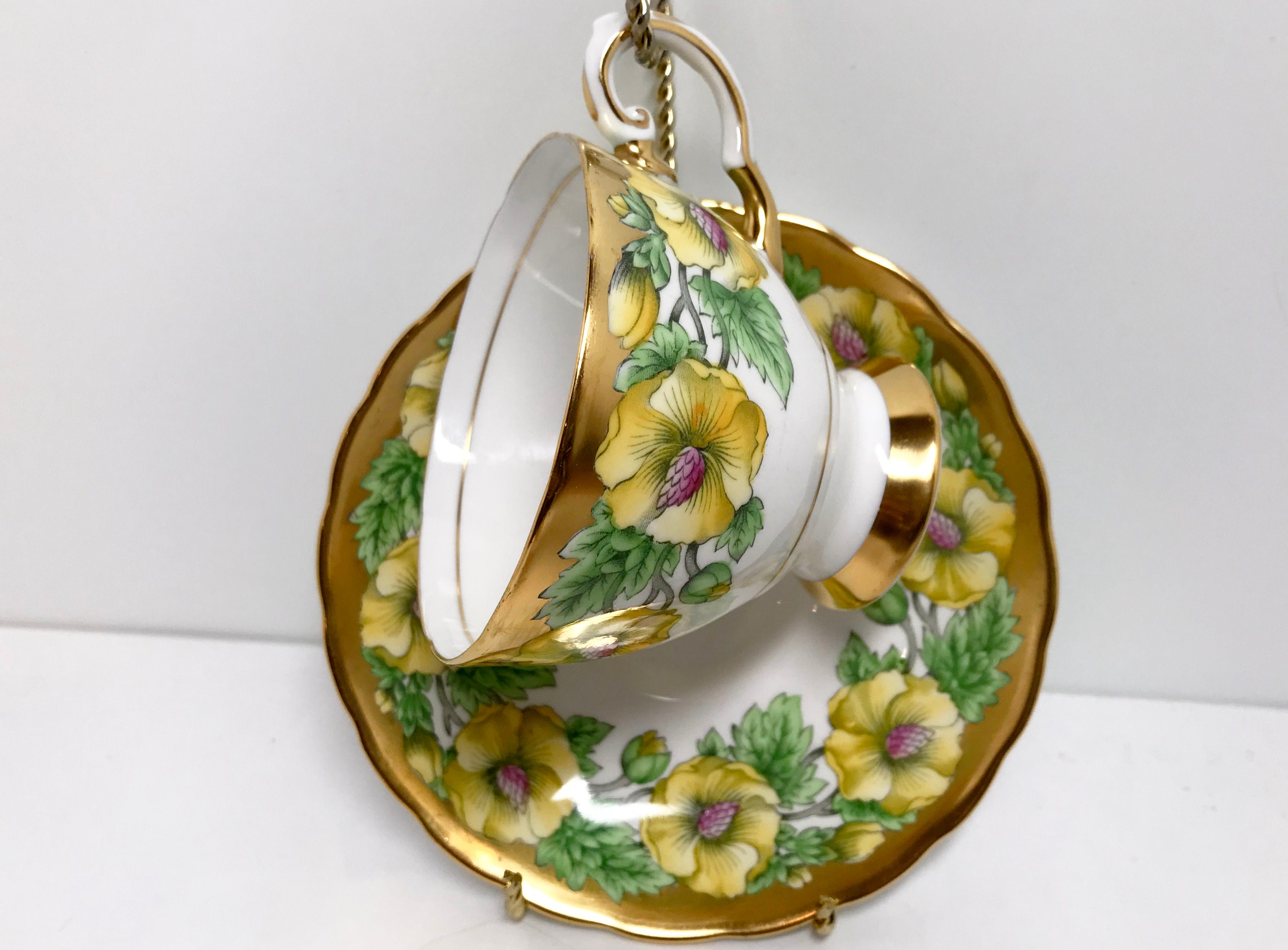 Tuscan Teacup and Saucer, Hand Painted Teacups, Floral Gold Tea Cups ...