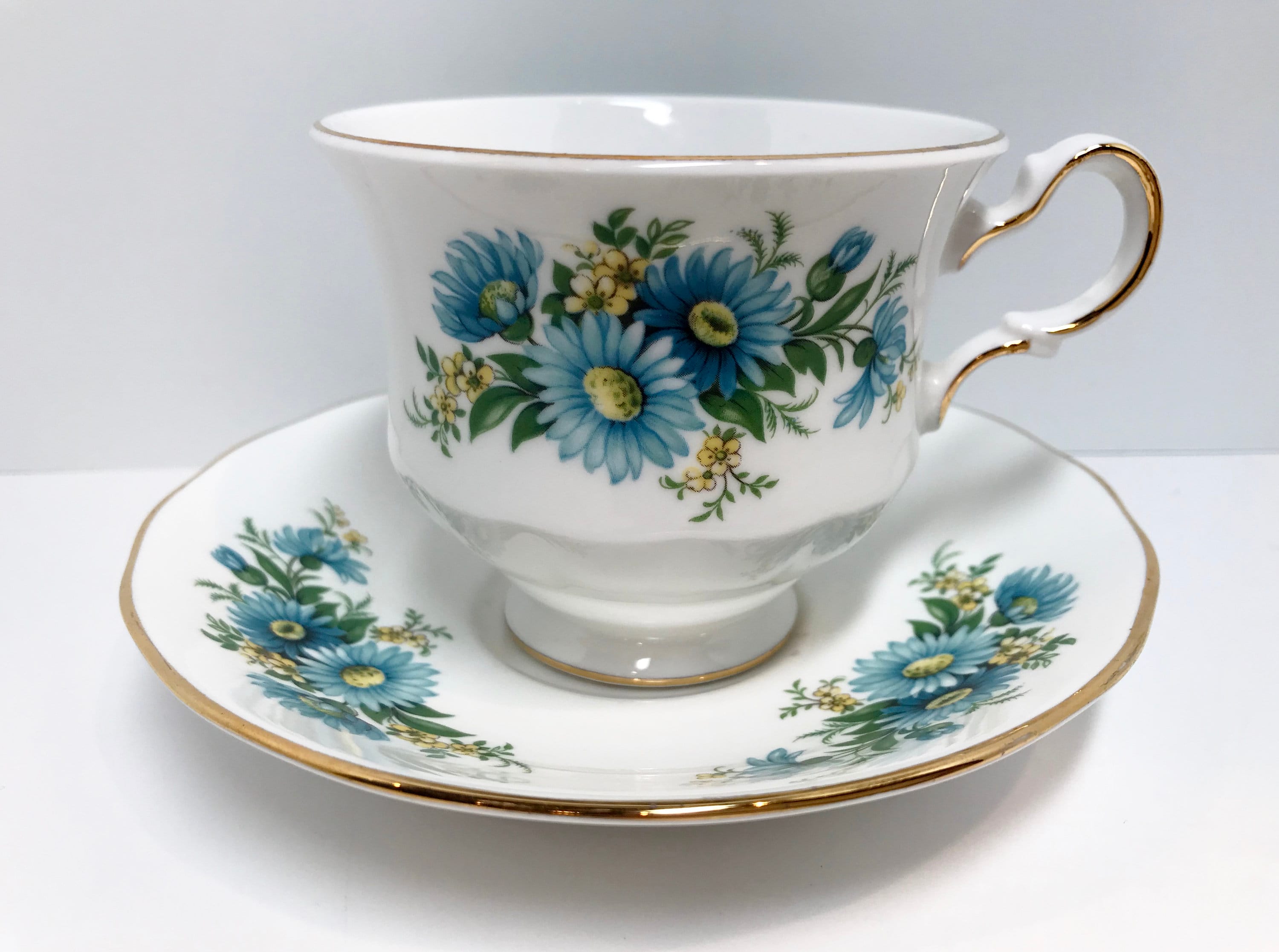 Queen Anne Tea Cup and Saucer, Blue Daisies Teacup, Antique Teacups ...