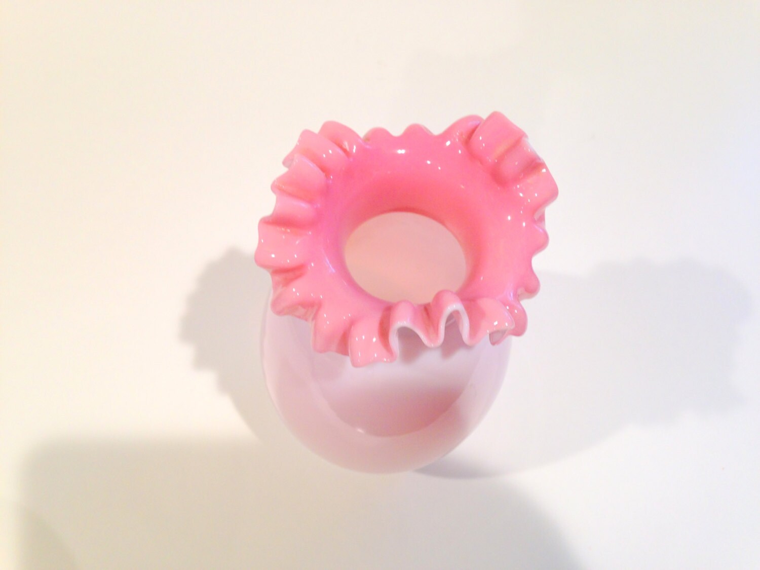 Victorian Cased Glass, Blown Glass, Ruffled Top Vase, Pink White Glass ...