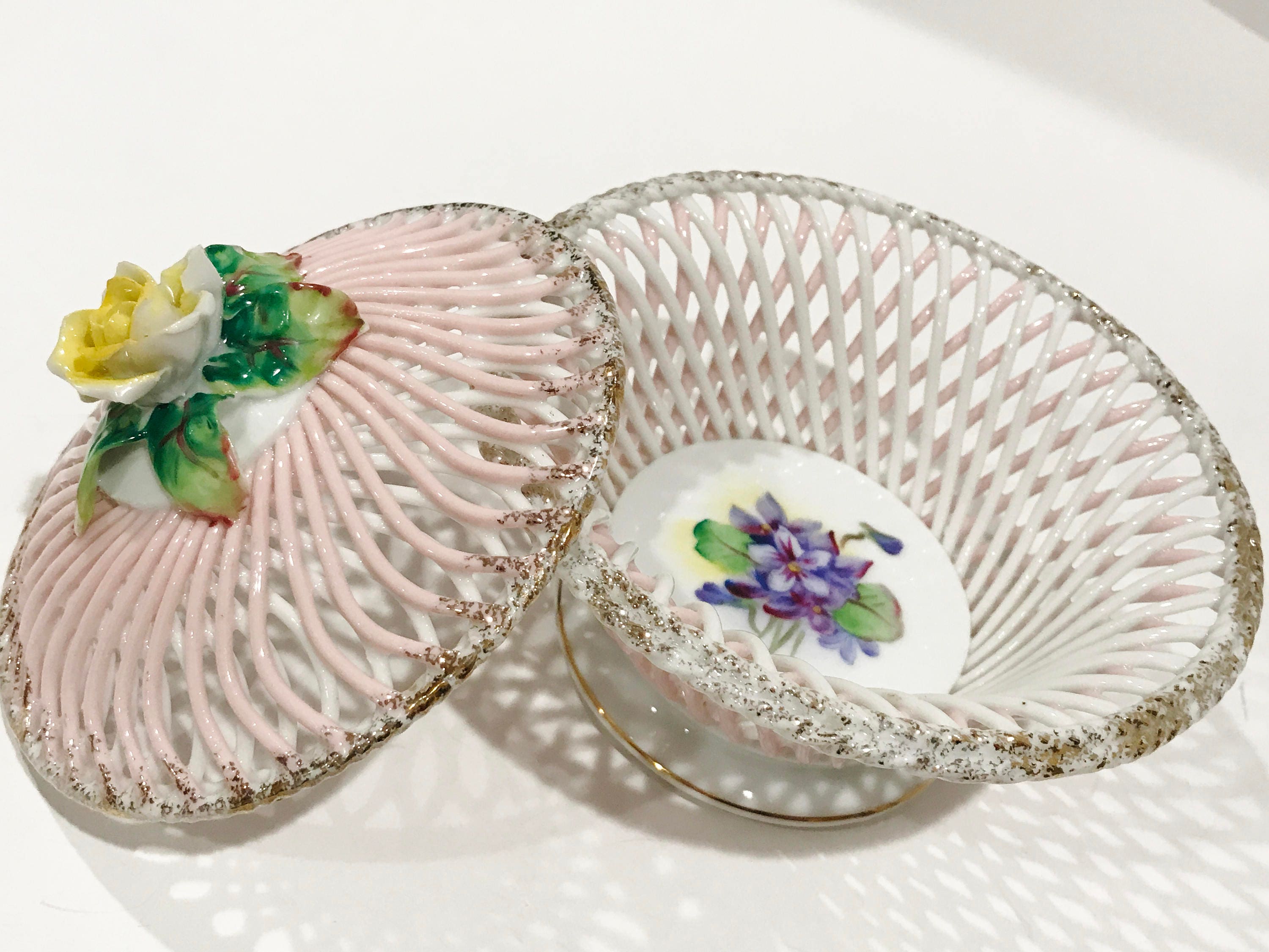 Basket Weave Porcelain, Herend Style Covered Container, Cane Ware ...