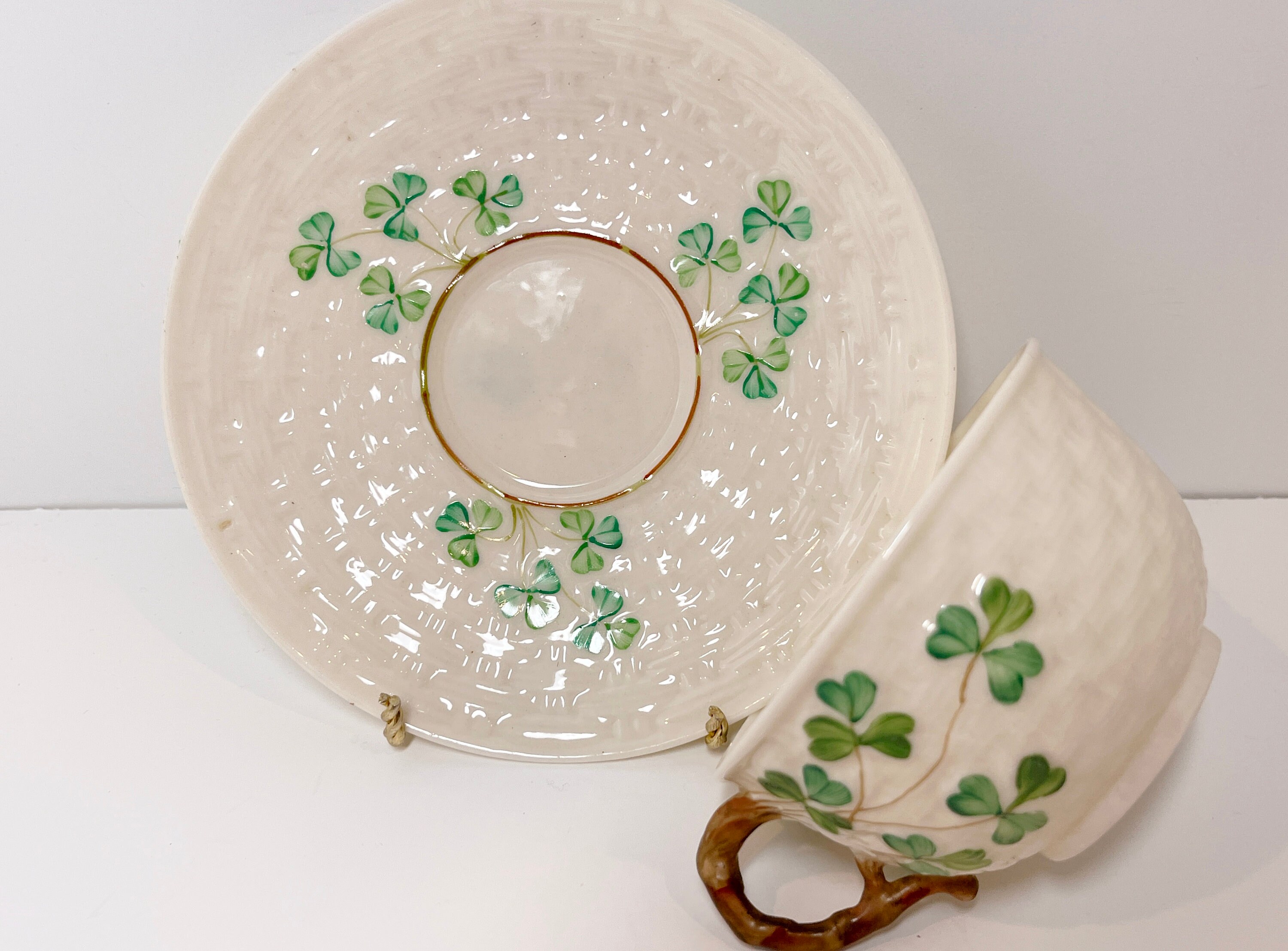 Shamrock Belleek Teacup and Saucer, Black Mark Belleek, Green Mark ...