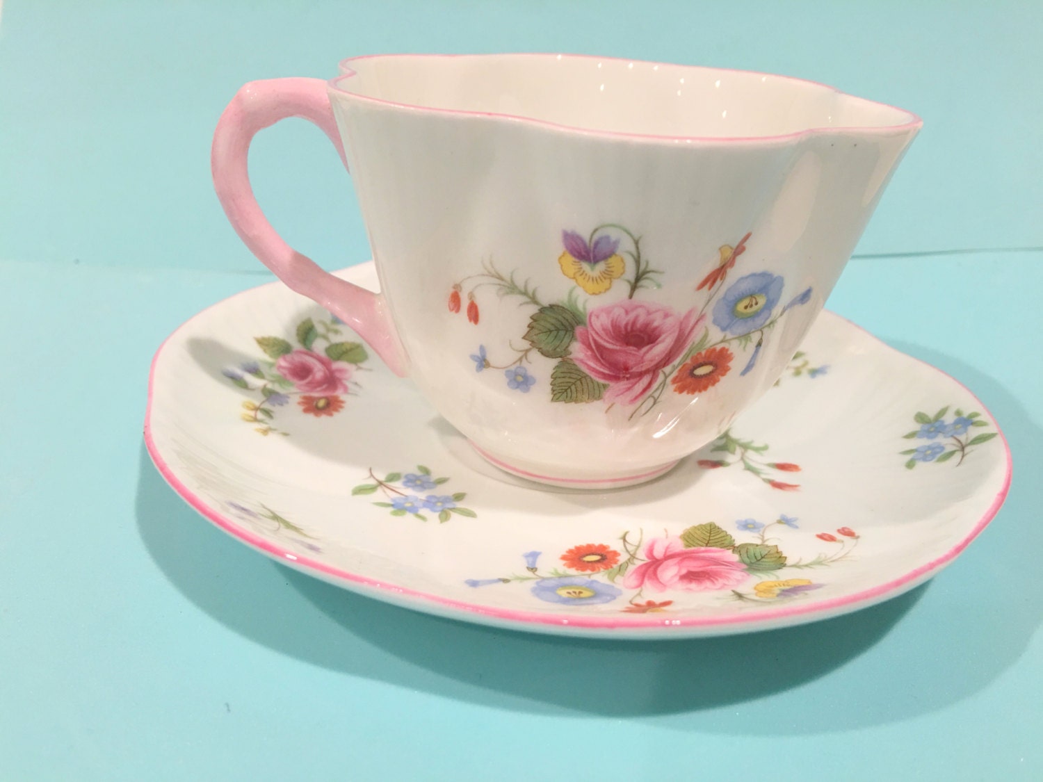 Reserved for F, Shelley Tea Cup and Saucer, Dainty Shape, Rose and Red ...