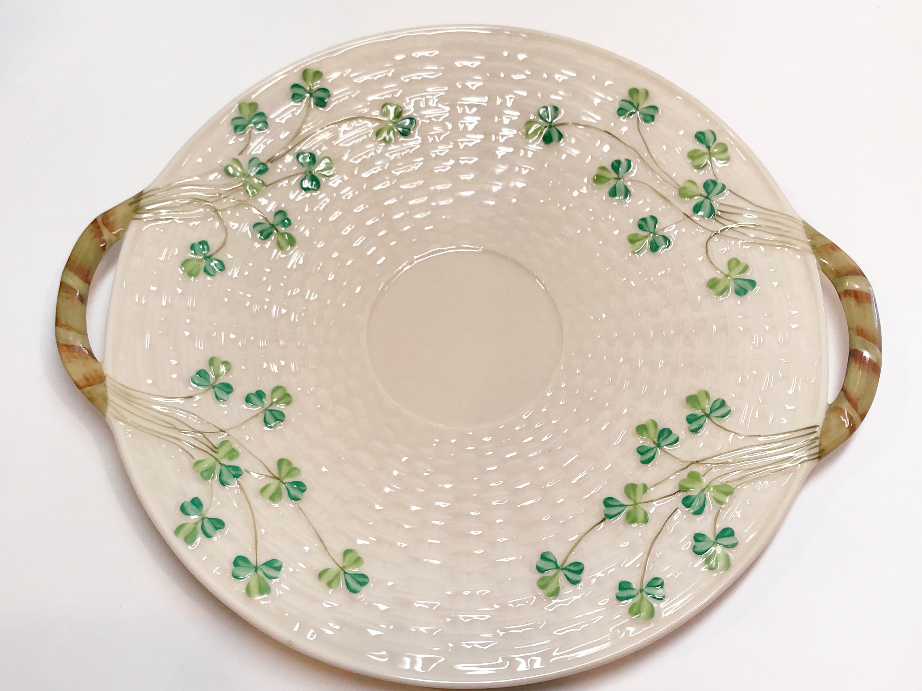 Shamrock Ware Cake Plate, Black Mark Belleek, Shamrock Tea Ware Bread ...
