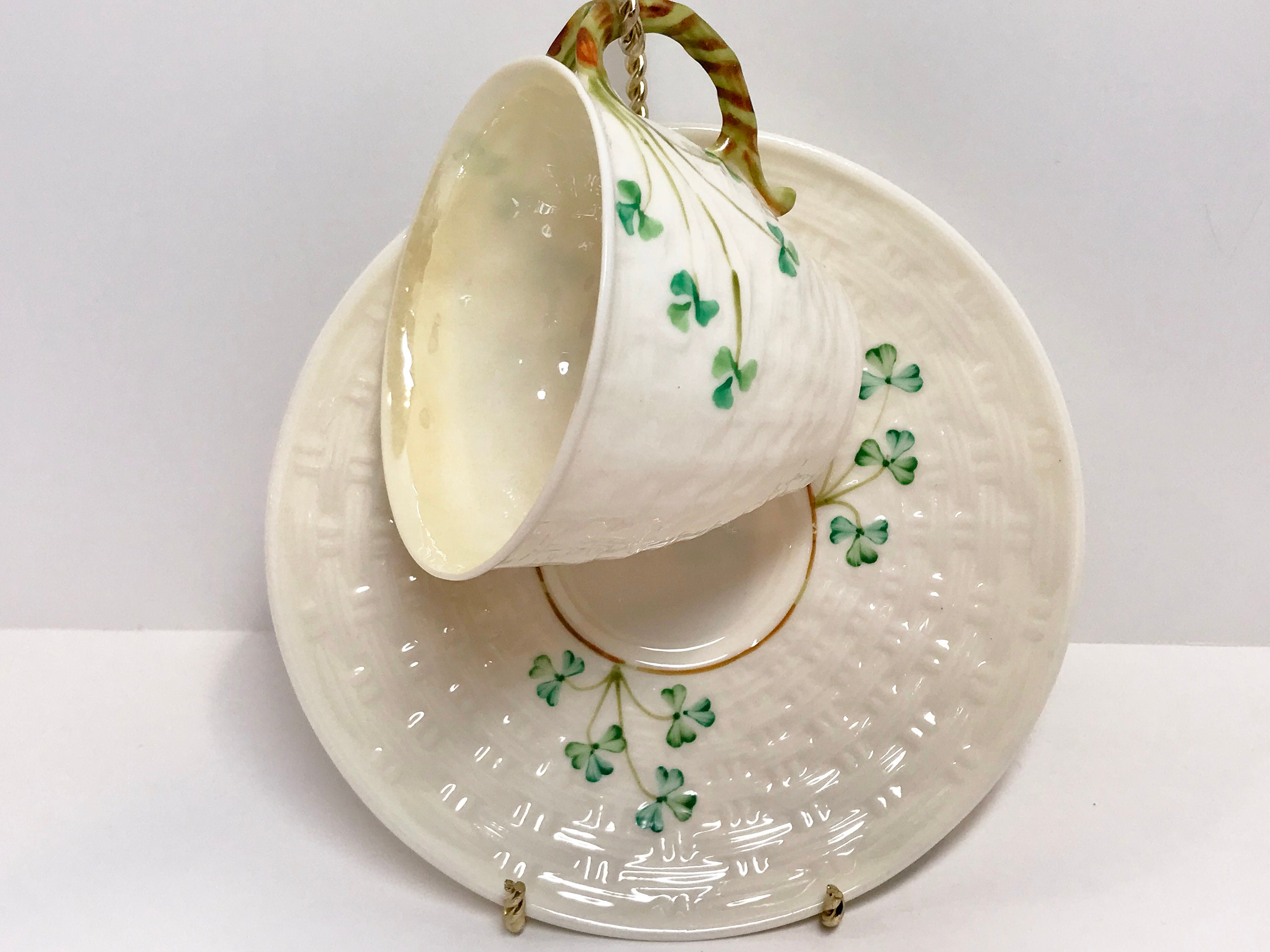 Shamrock Belleek Tea Cup and Saucer, Irish Tea Cup, Basket Weave ...