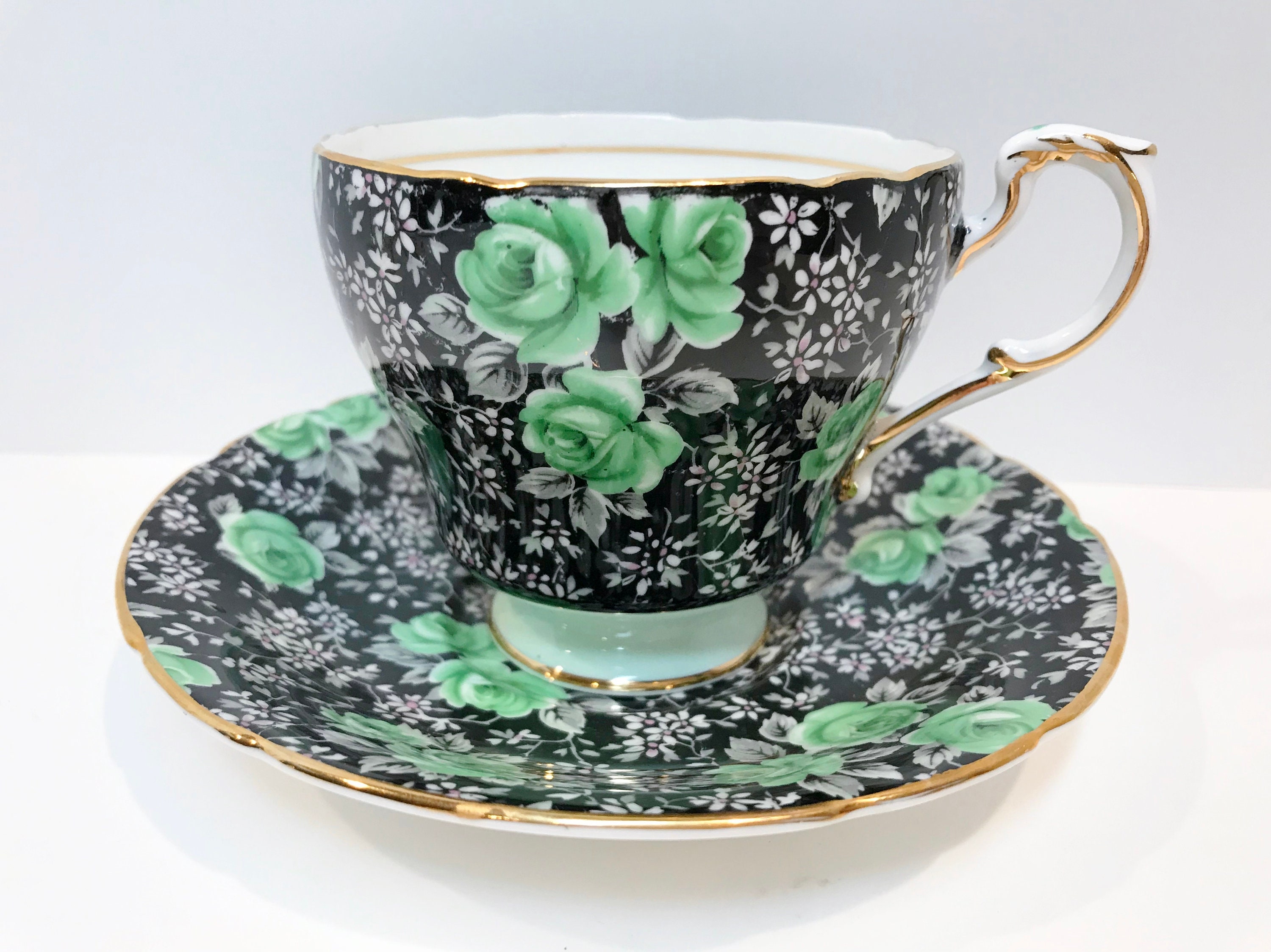 Reserved for S, Black Paragon Tea Cup and Saucer, Green Rose Tea Cup ...