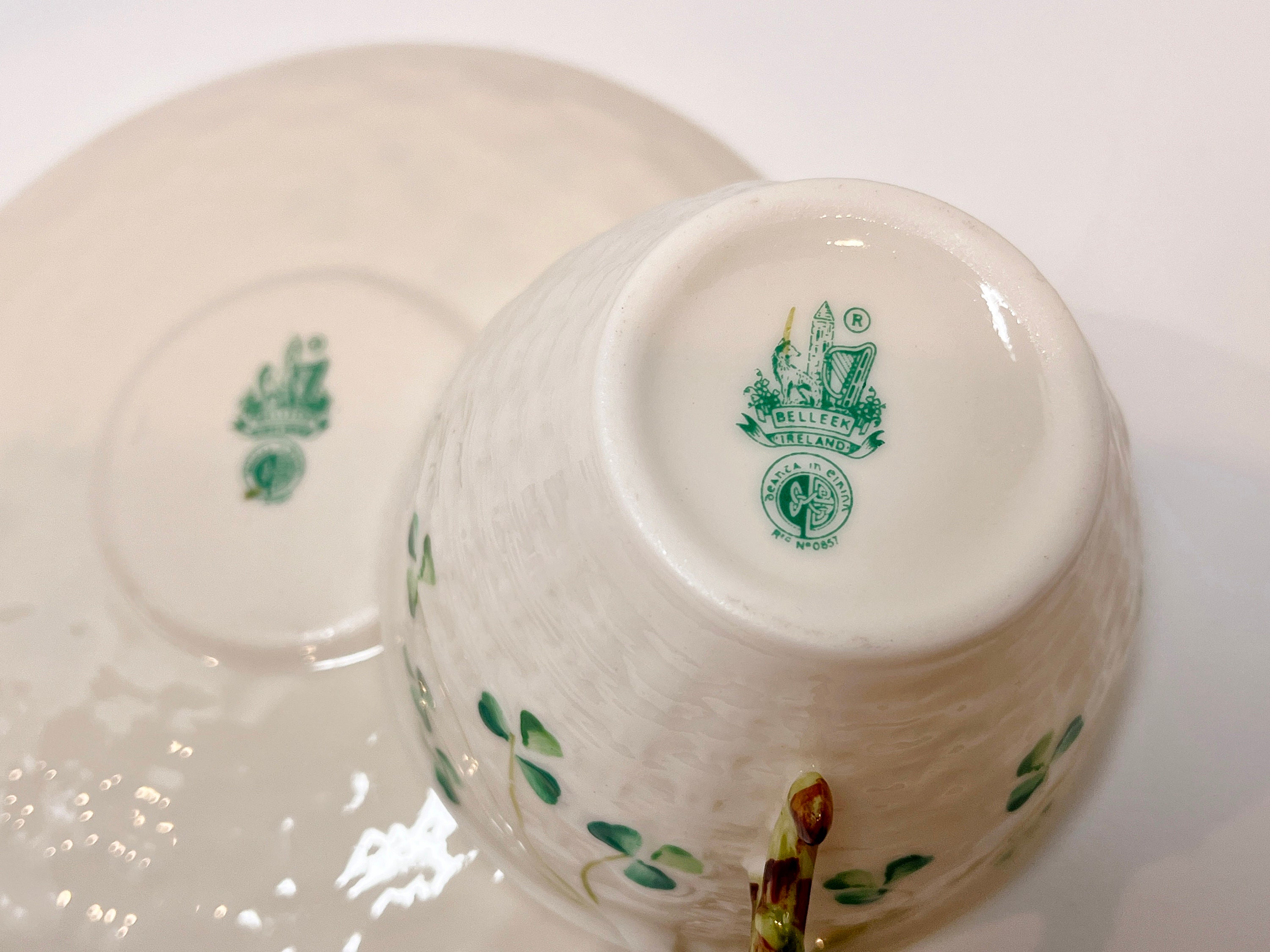 Shamrock Belleek Tea Cup and Saucer, Irish Tea Cup, Basket Weave ...